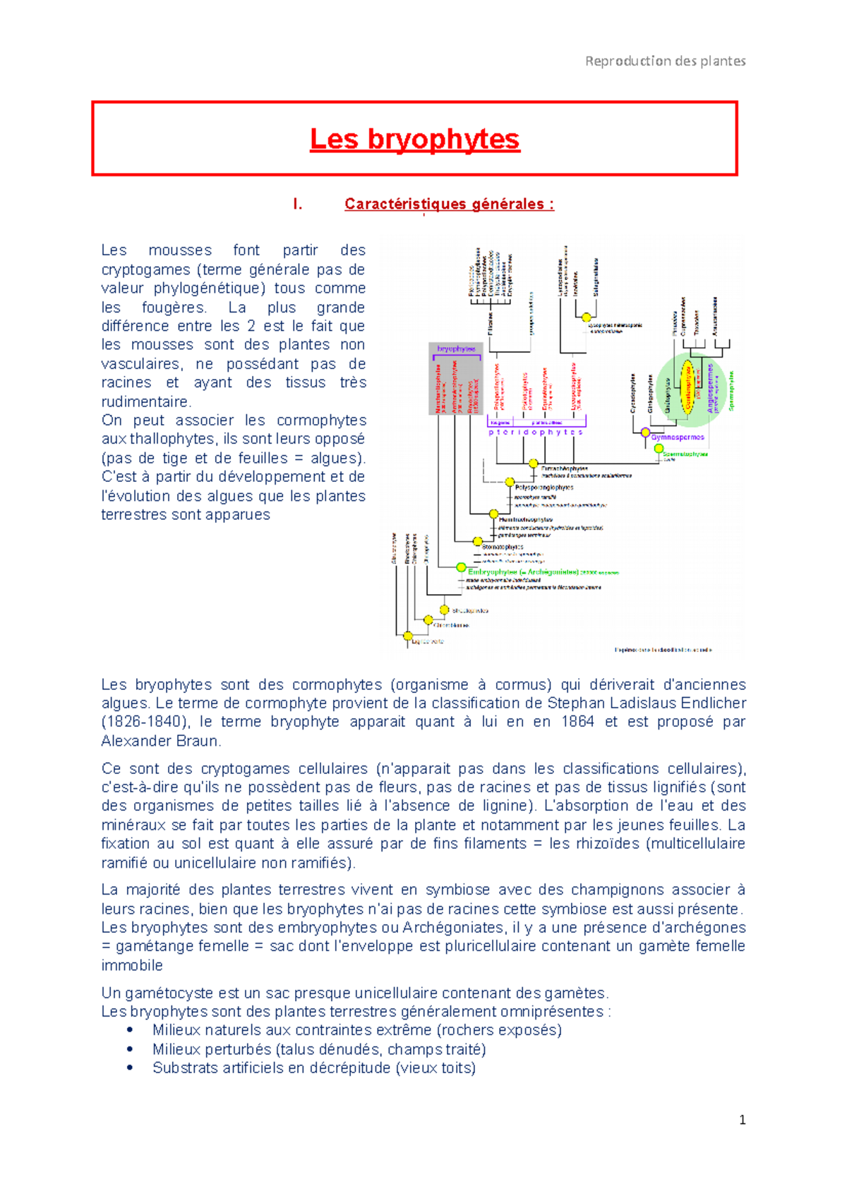 Reproduction des plantes - Les bryophytes I. Caractéristiques générales ...