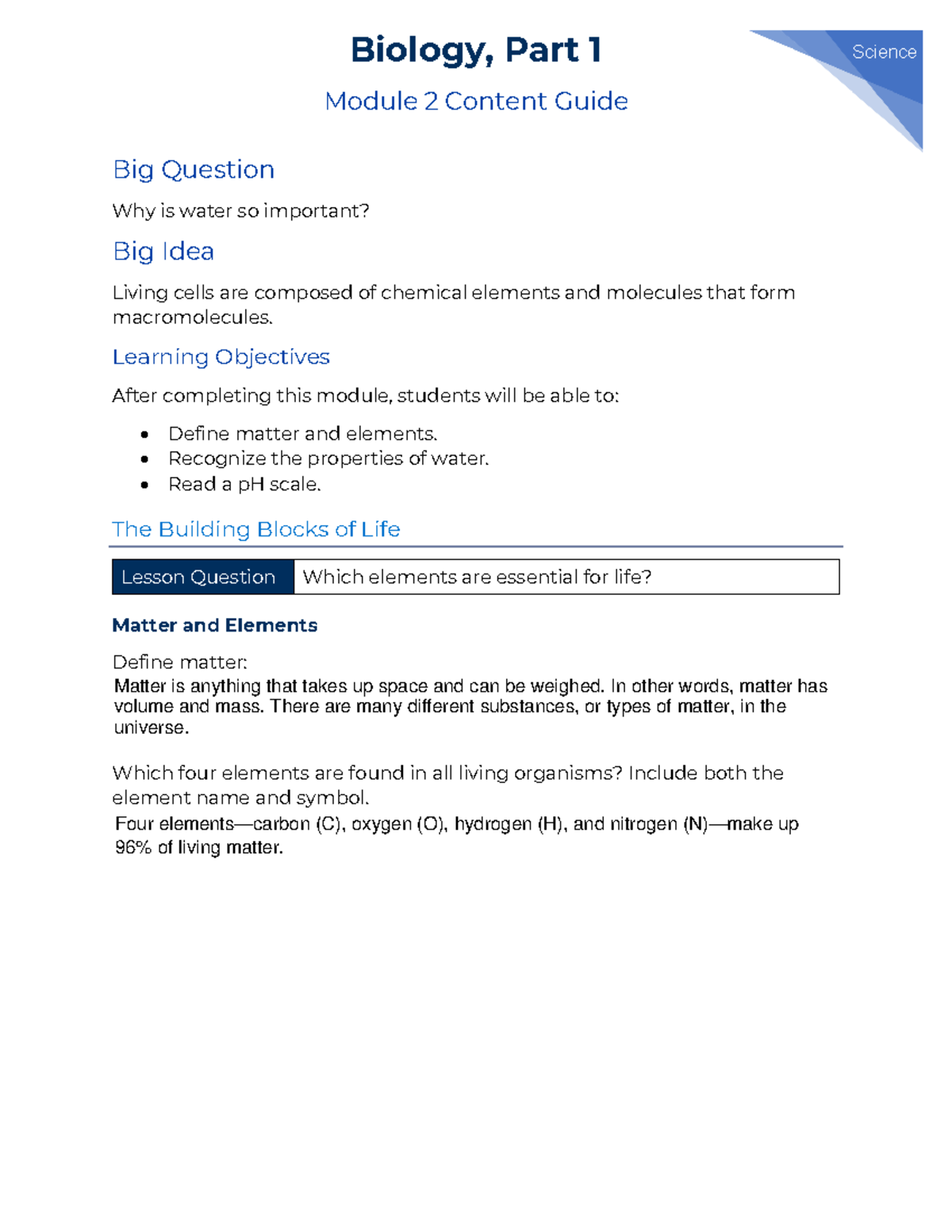Bio P1 M2Notes Fillable - Biology, Part 1 Module 2 Content Guide Big ...