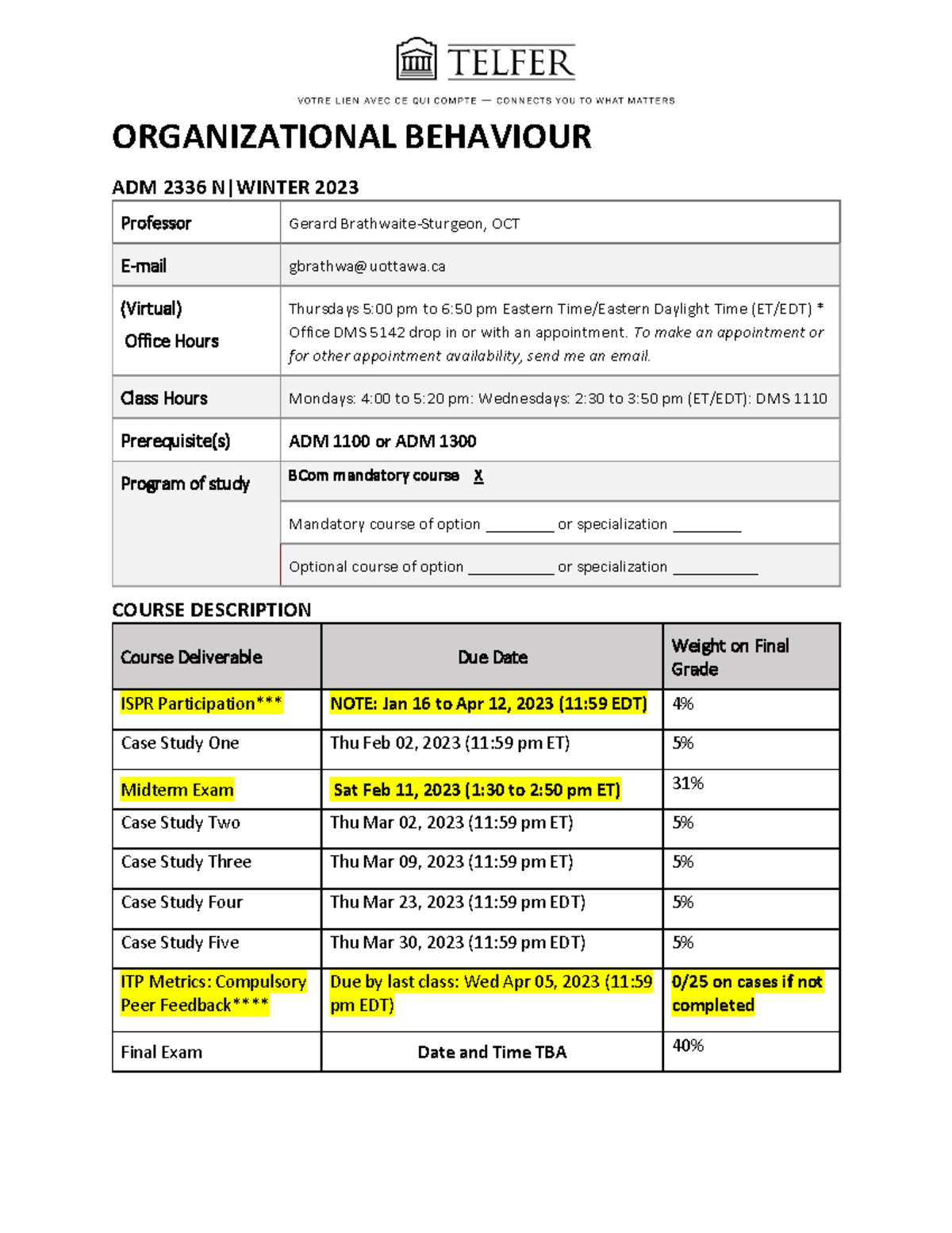 ADM 2336 Section N Course Outline Winter 2023 - ORGANIZATIONAL ...
