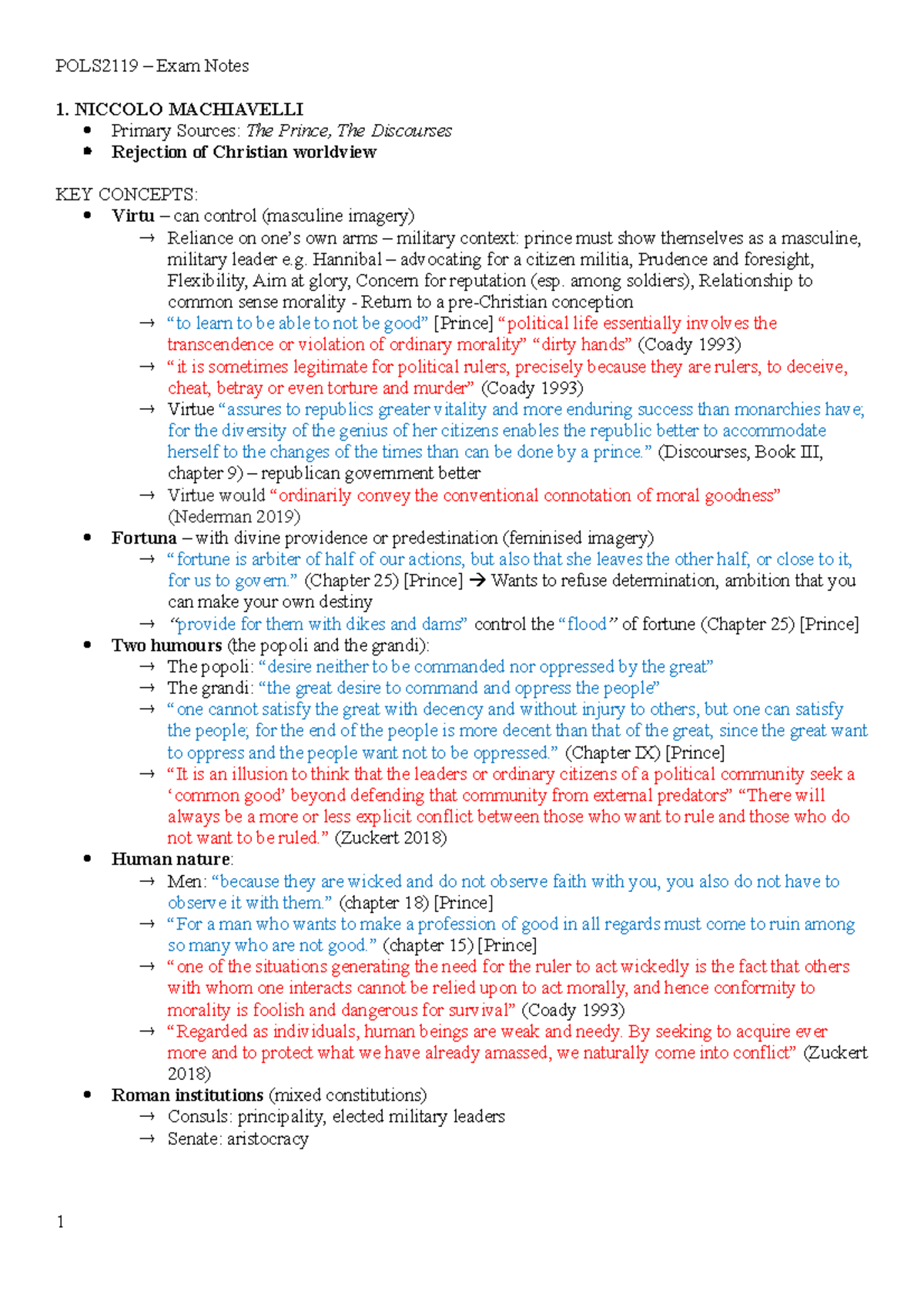 POLS2119 - Exam Notes - 1. NICCOLO MACHIAVELLI Primary Sources: The ...