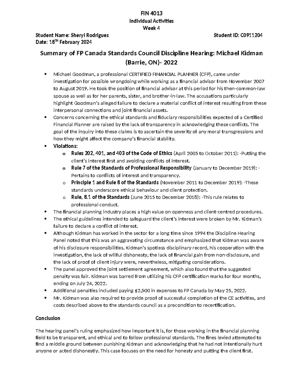 FIN 4013 Week 4 - class assignment - FIN 4013 Individual Activities ...