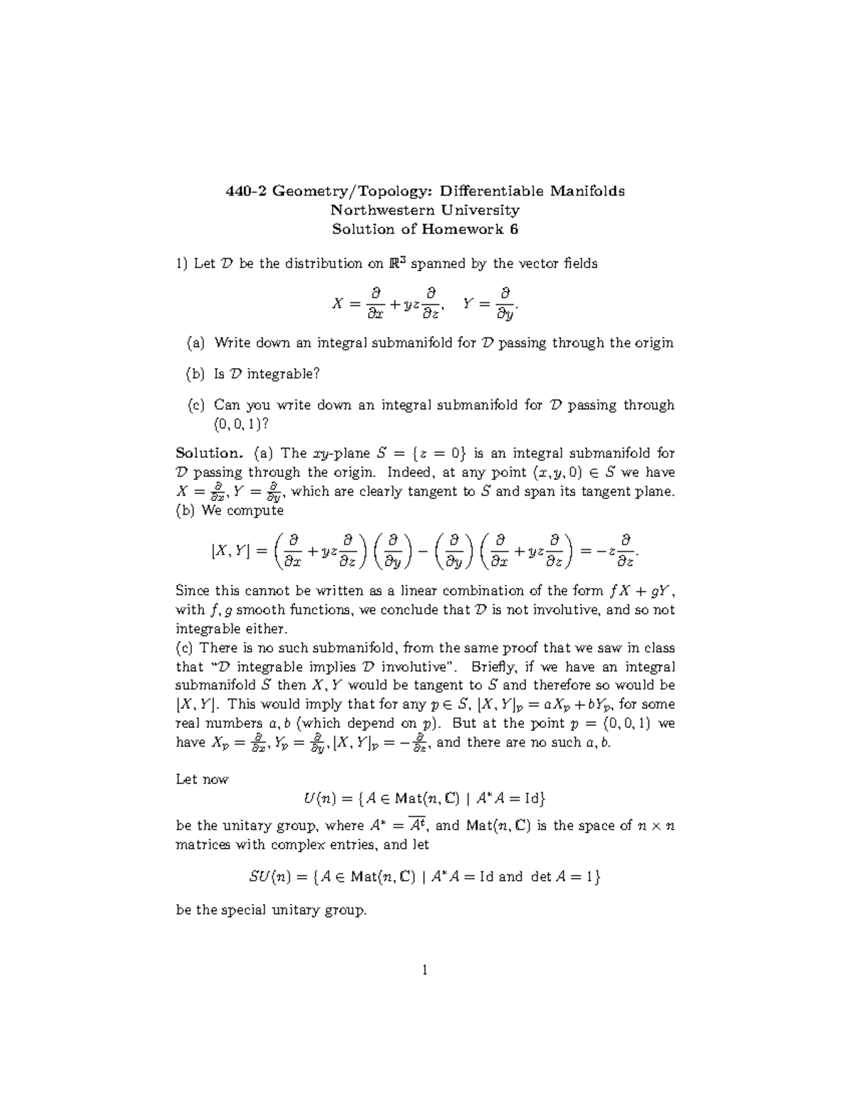 Solution Homework 6 440-2 Geometry Topology Differentiable Manifolds ...