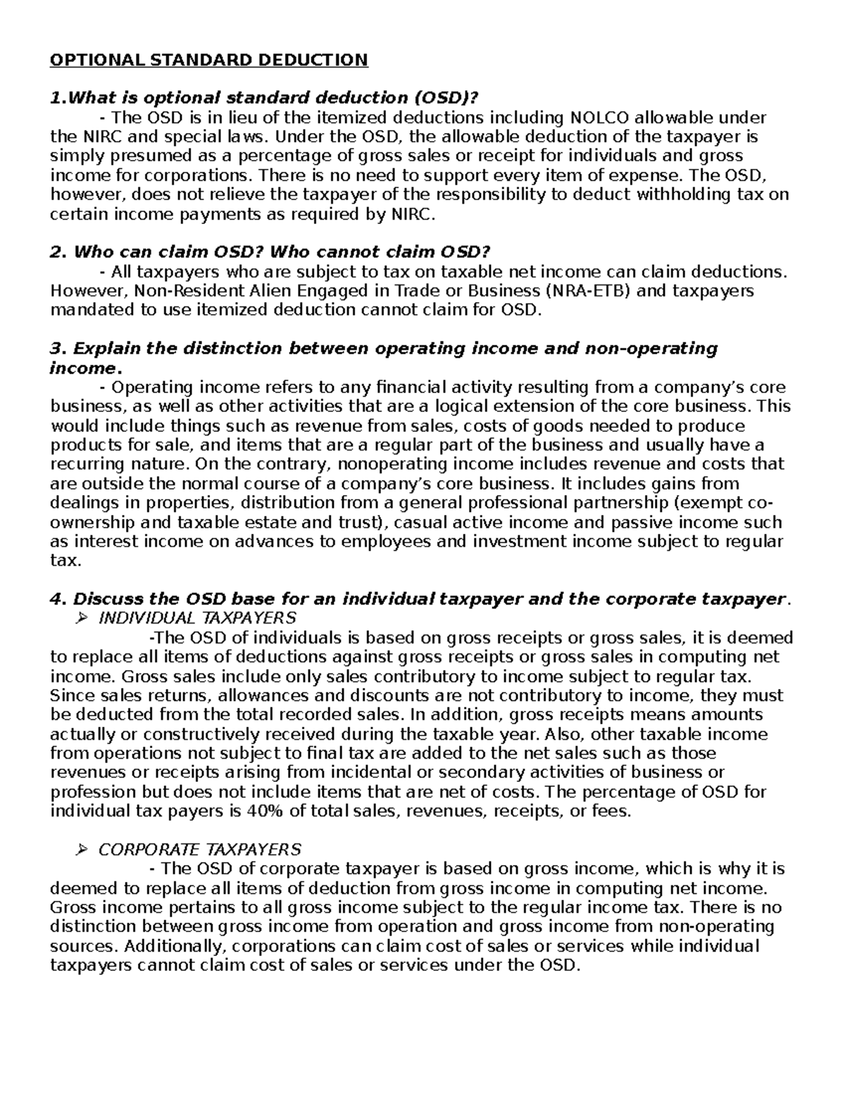 TAX 2 - essay - OPTIONAL STANDARD DEDUCTION 1 is optional standard ...