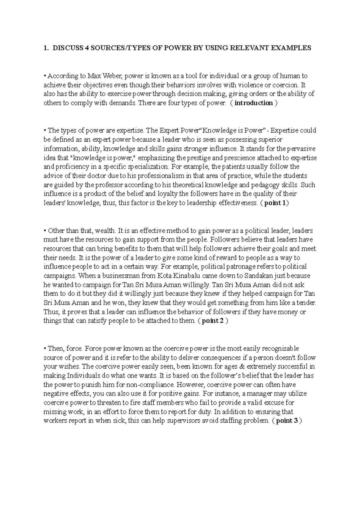 Tutorial Question Chapter 2 - 1. DISCUSS 4 SOURCES/TYPES OF POWER BY USING RELEVANT EXAMPLES ...