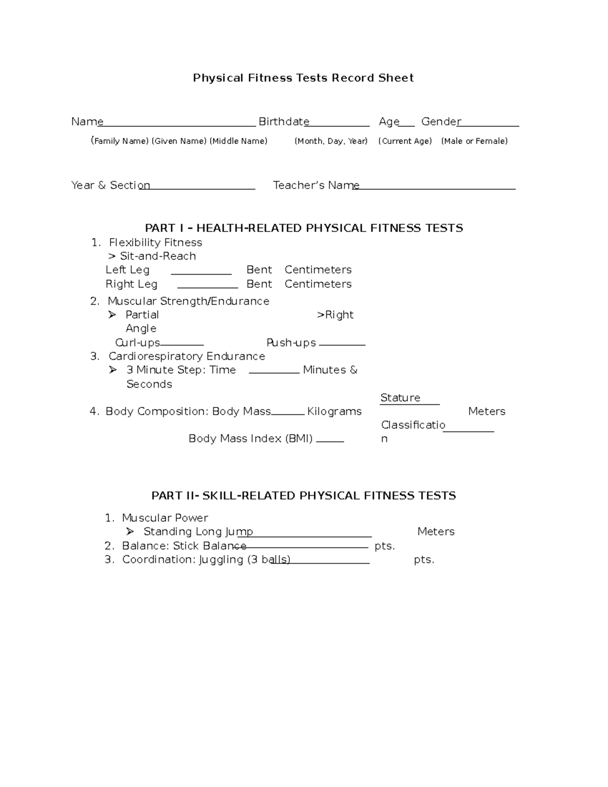 Physical Fitness Test Sheet - Physical Fitness Tests Record Sheet Name ...