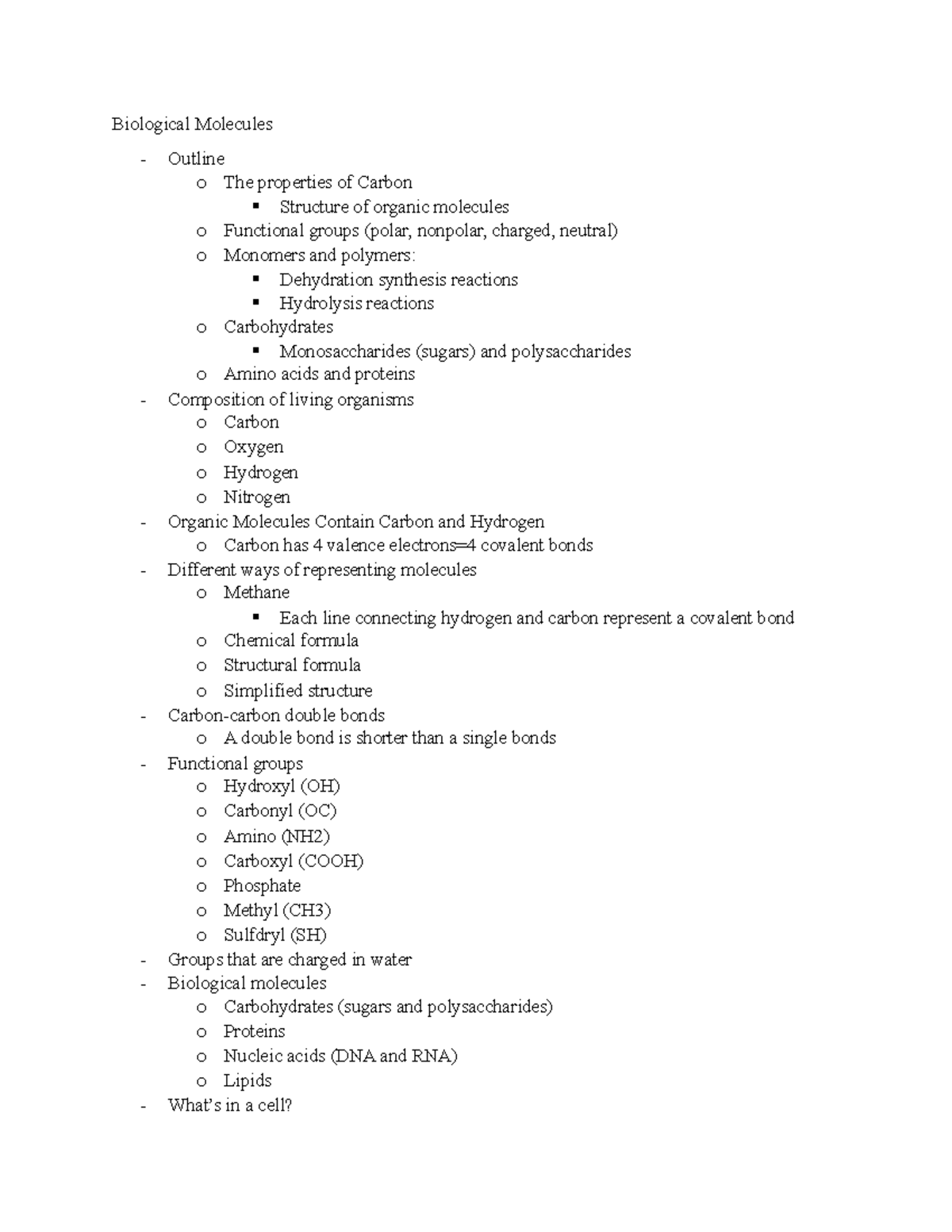 Biological Molecules - Biological Molecules Outline o The properties of ...