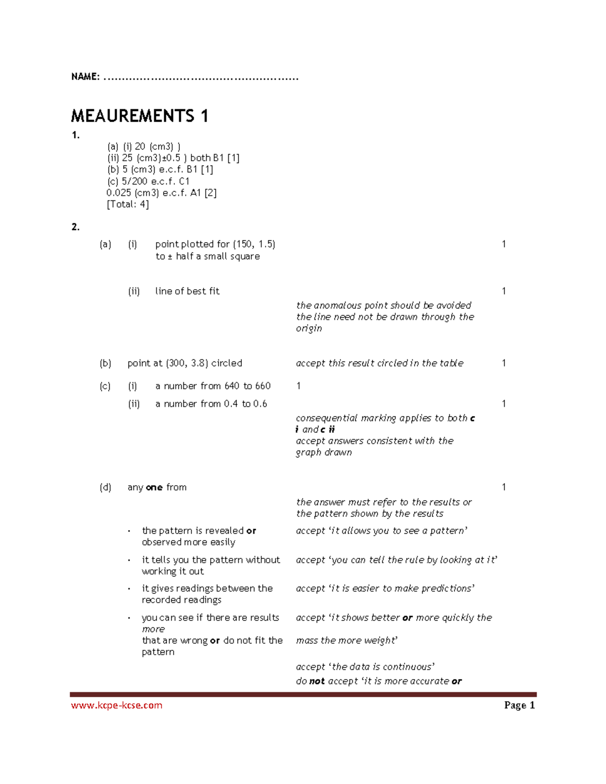 FORM 1 Topic 2. Measurements 1A Teacher - kcpe-kcse Page 1 NAME: - Studocu