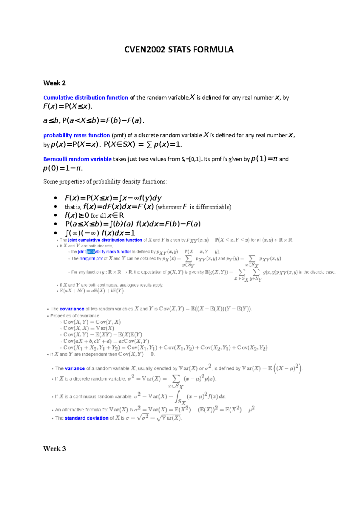 CVEN2002 Stats Formula - CVEN2002 STATS FORMULA Week 2 Cumulative ...