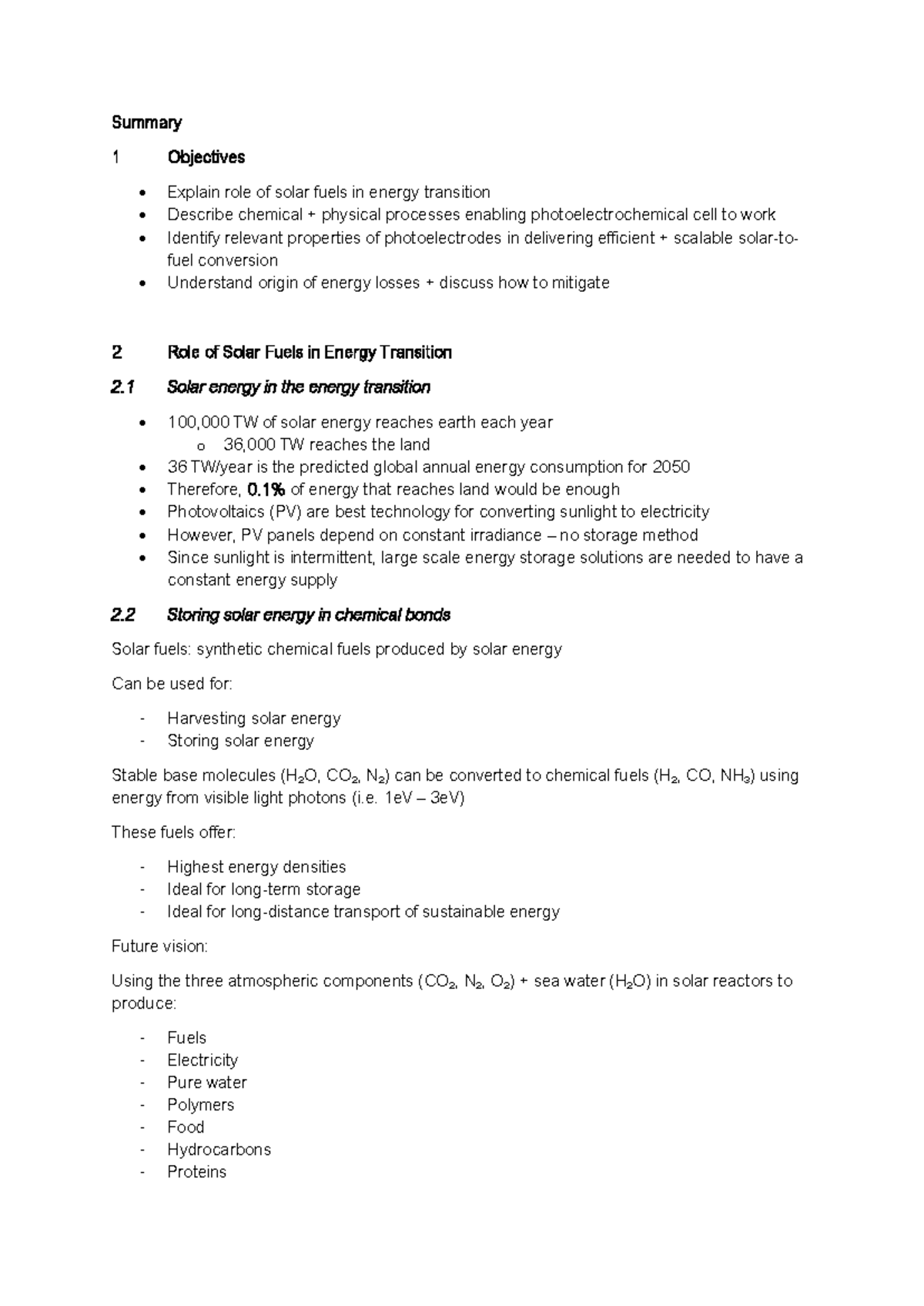 Solar Fuels Summary - Summary 1 Objectives Explain role of solar fuels ...