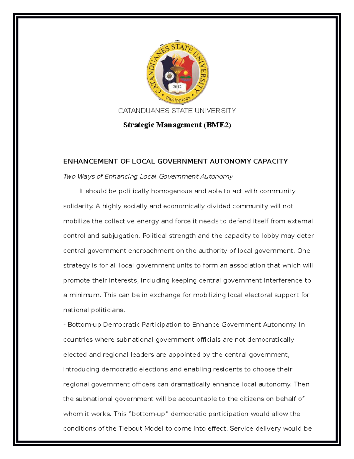 Strategic Management Enhancement OF Local Government Autonomy Capacity ...