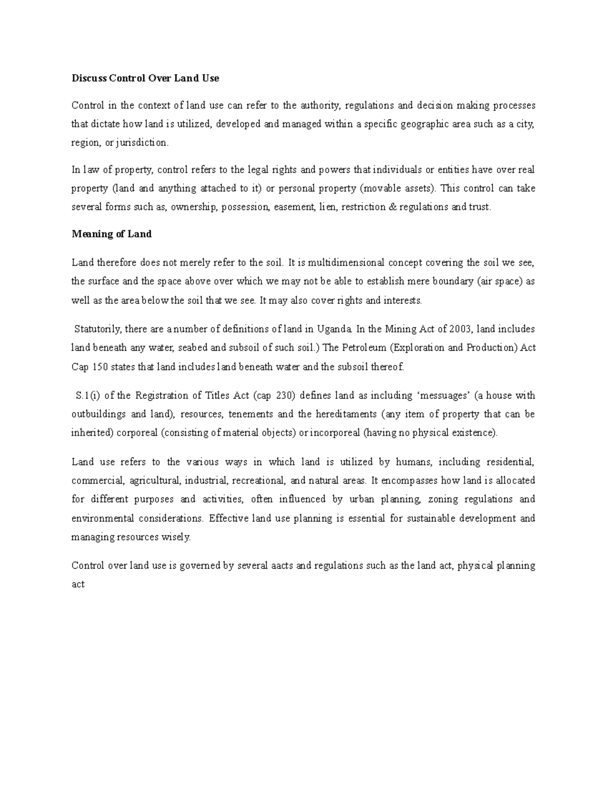 Contrrol Over Land Use - the module talks about control over land use ...