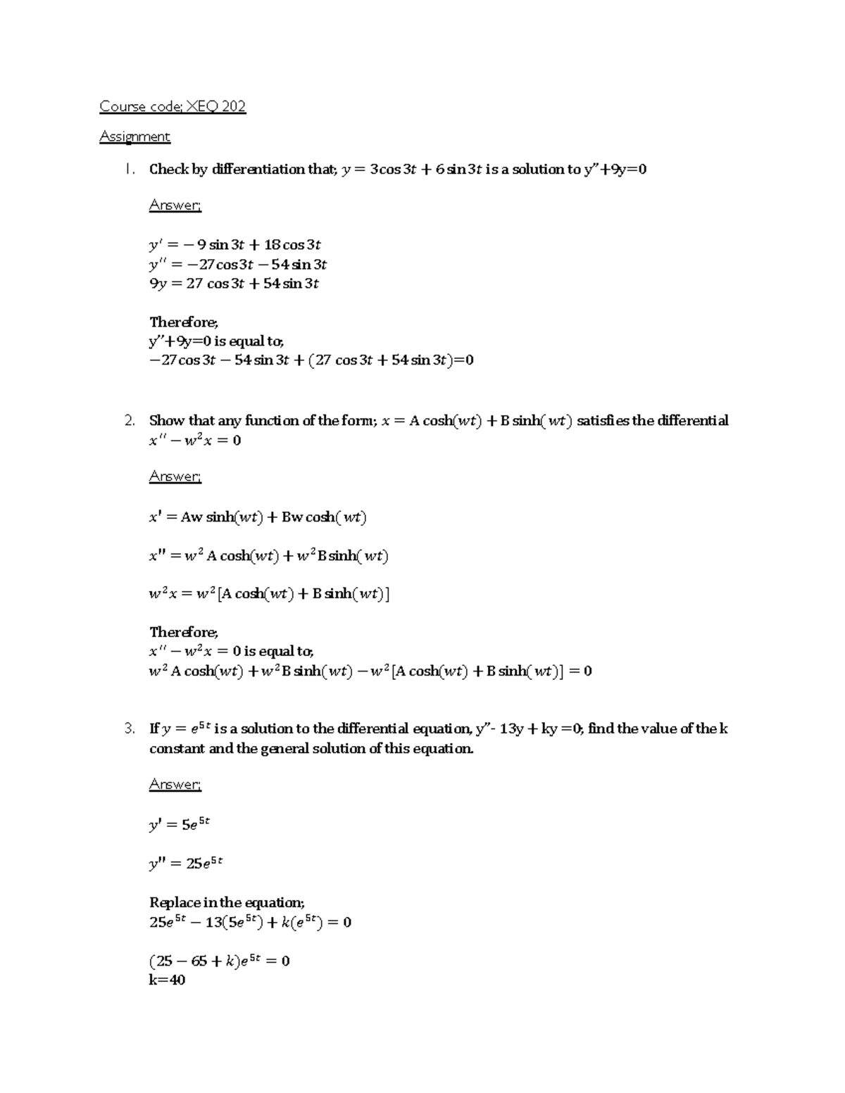 XEQ 202 Assignment Ordinary differential equations 2023 - Course code ...
