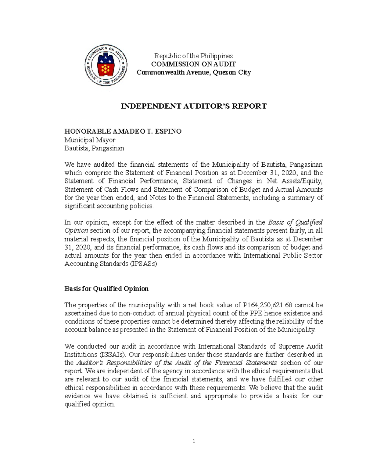 07-Bautista Pang 2020 Part1-Auditor's Report - Republic of the ...