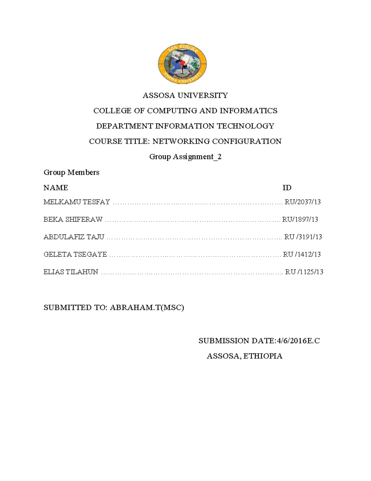 G 2 Networking Assignment Assosa University College Of Computing And Informatics Department