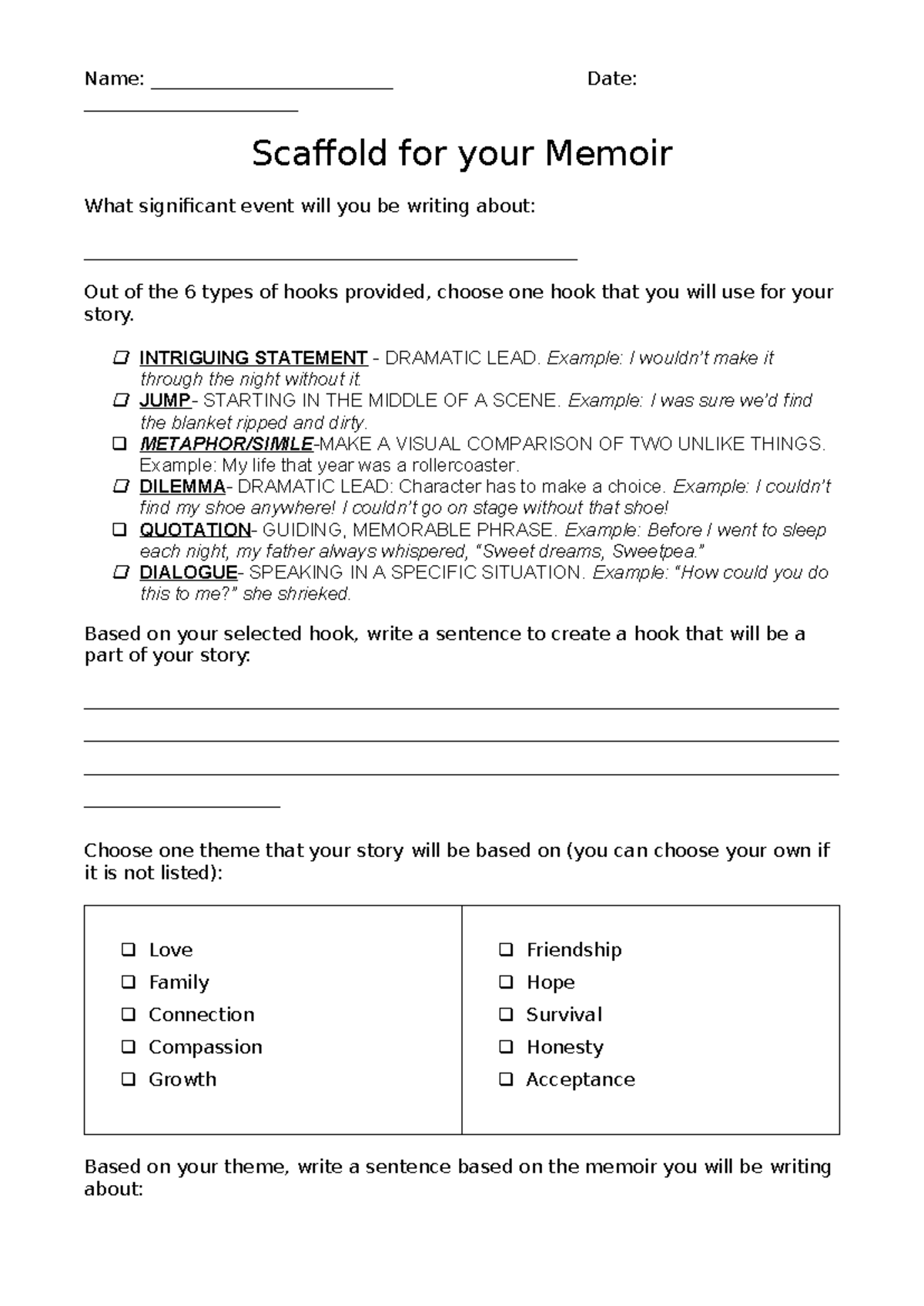 Scaffold for the memoir - Name: __________________________ Date ...