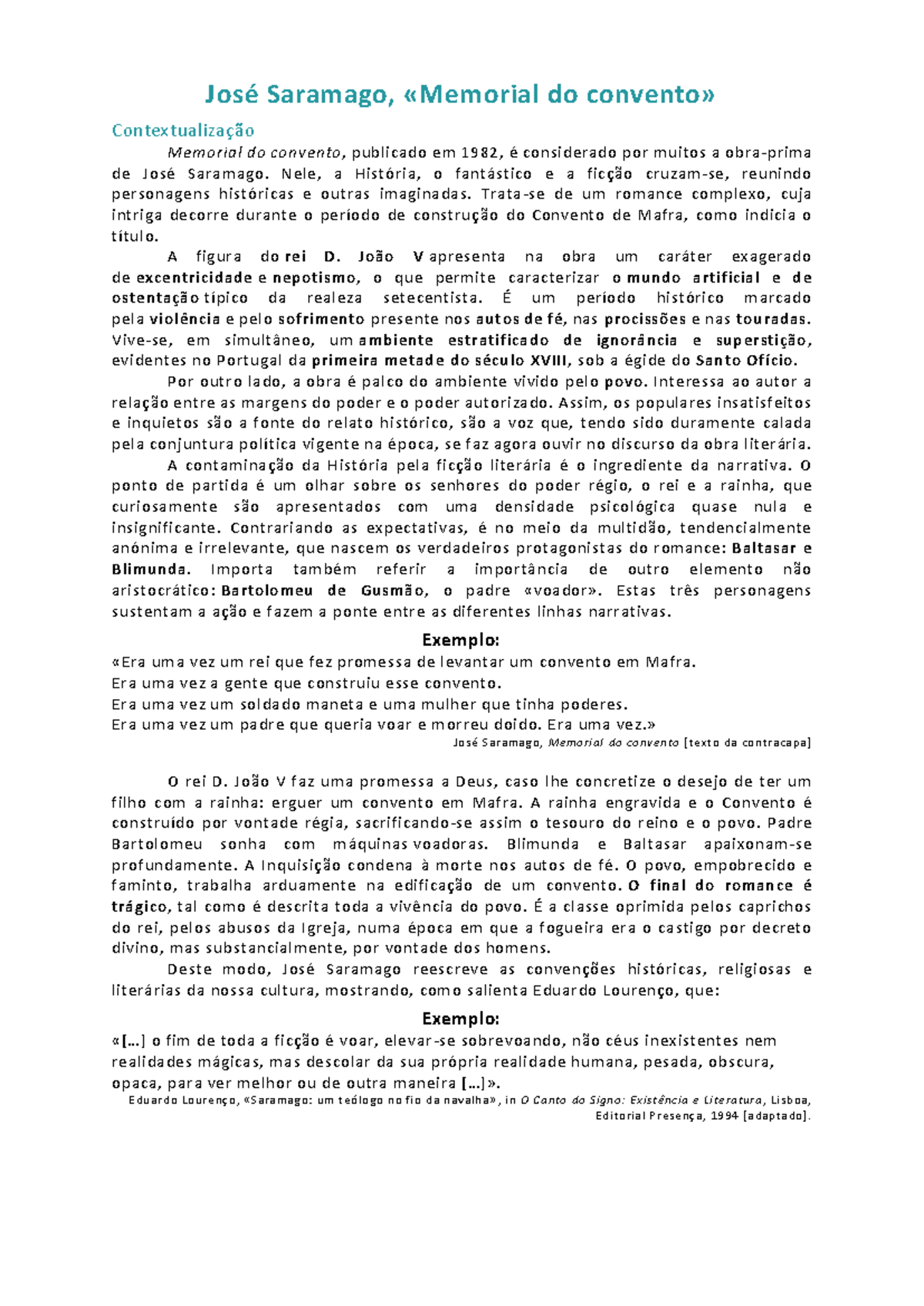 Memorial Convento (síntese) - José Saramago, «Memorial do convento ...