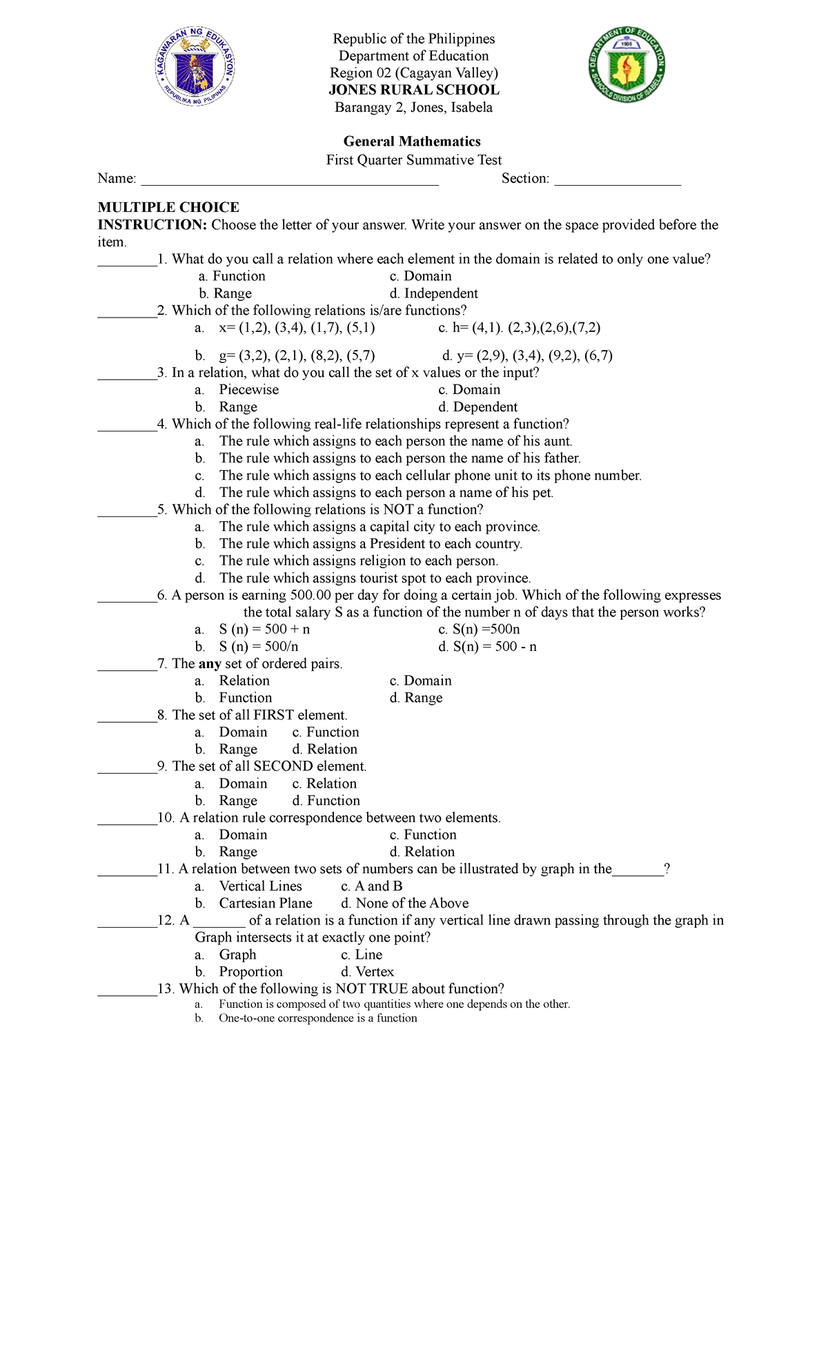 General- Mathematics-Q1-EXAM - Republic of the Philippines Department ...