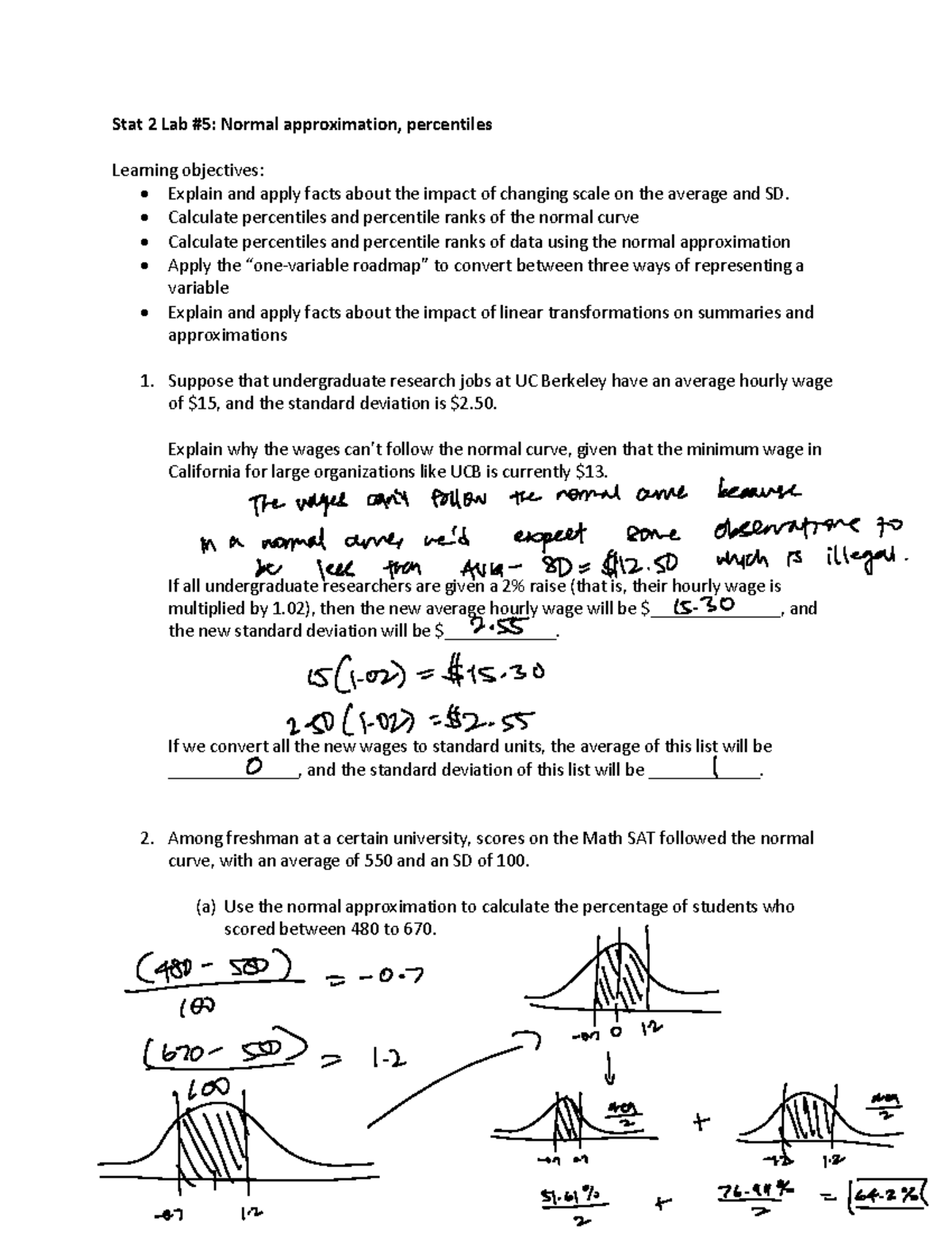 Stat2Lab5 - Lab - Stat 2 Lab # 5 : Normal approximation, percentiles Learning objectives ...