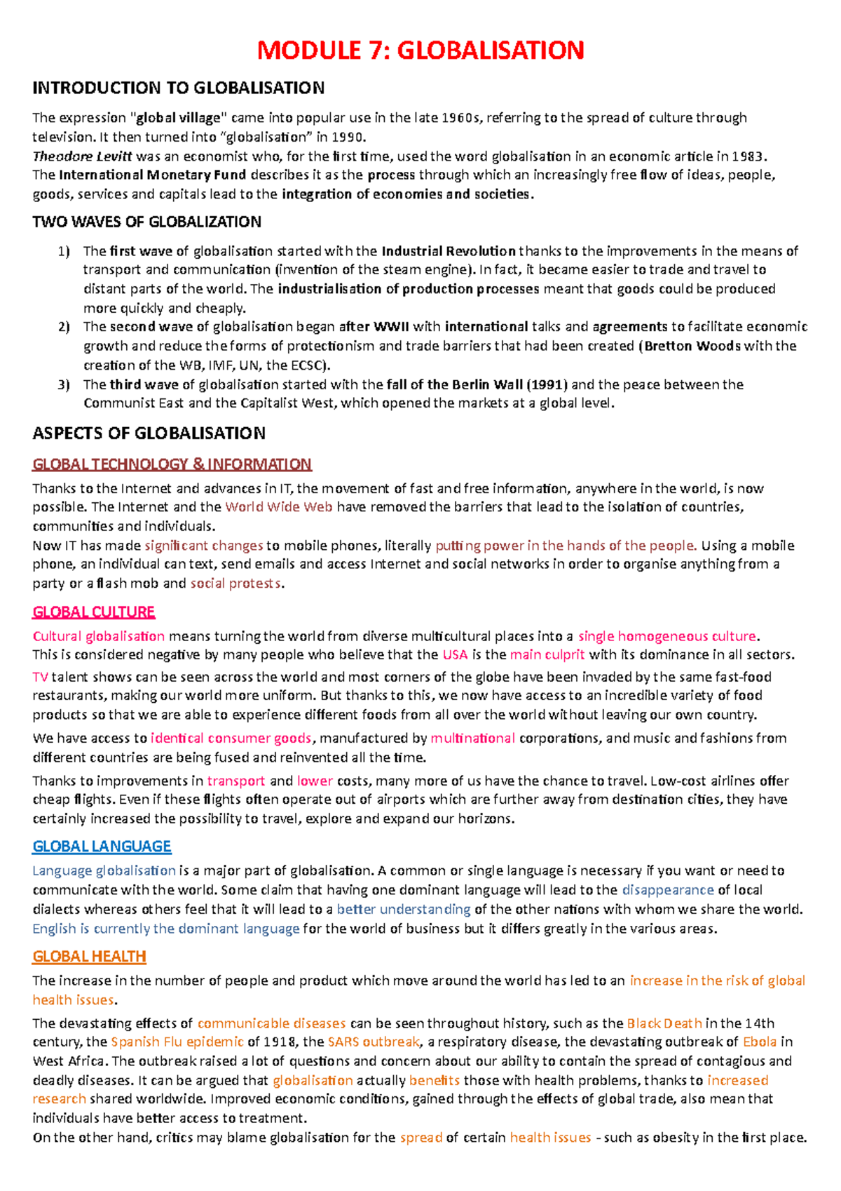 Globalisation - english - MODULE 7: GLOBALISATION INTRODUCTION TO GLOBALISATION The expression ...