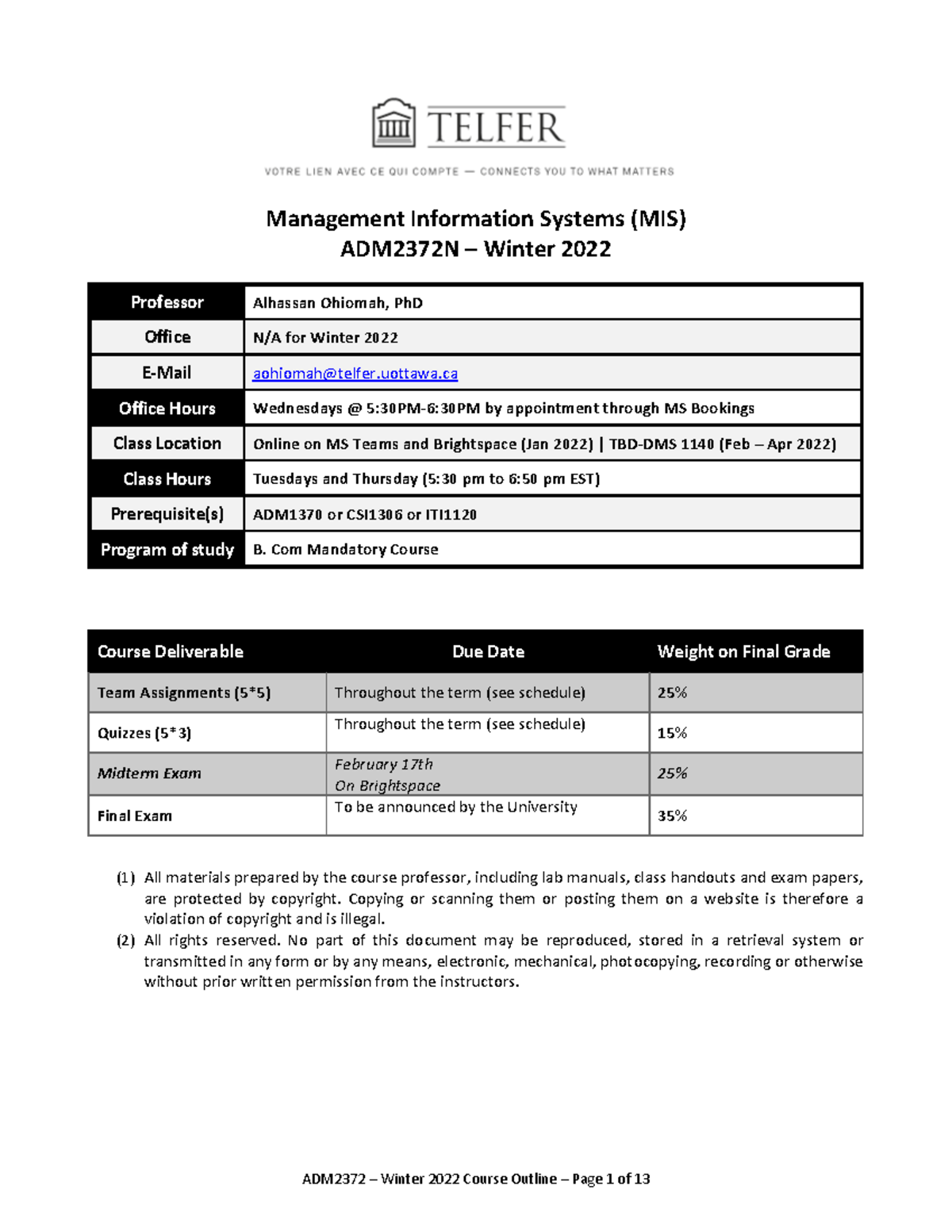 Syllabus ~ MIS - Management Information Systems (MIS) ADM2372N 3 Winter ...
