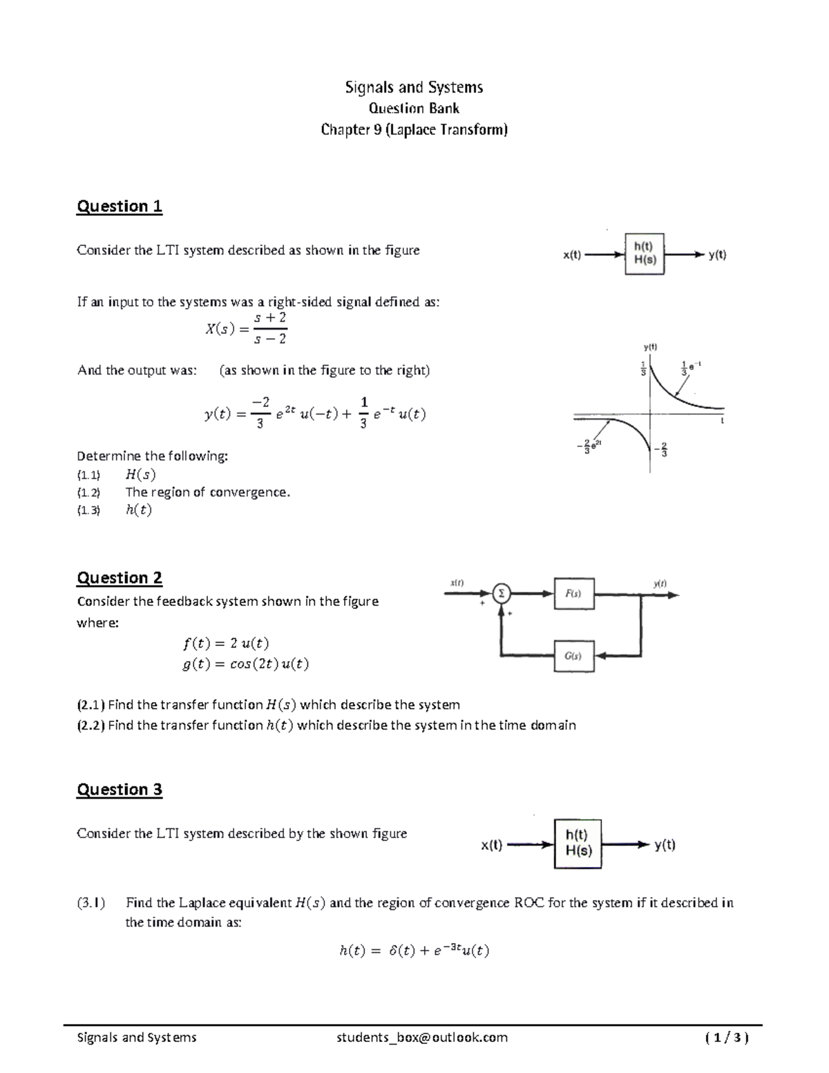 Chapter 9 Question Bank laplace transfrom - Signals and Systems ...