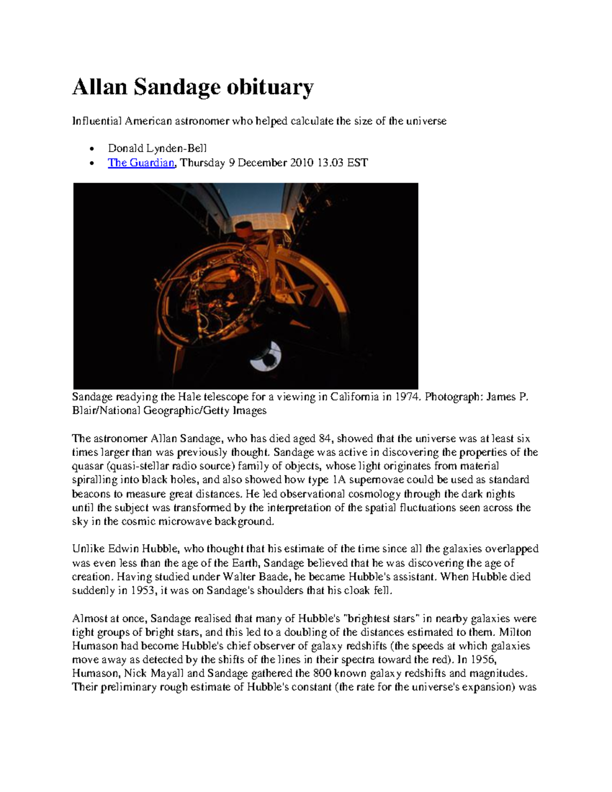 Allan Sandage obituary Science The Guardian - Allan Sandage obituary ...