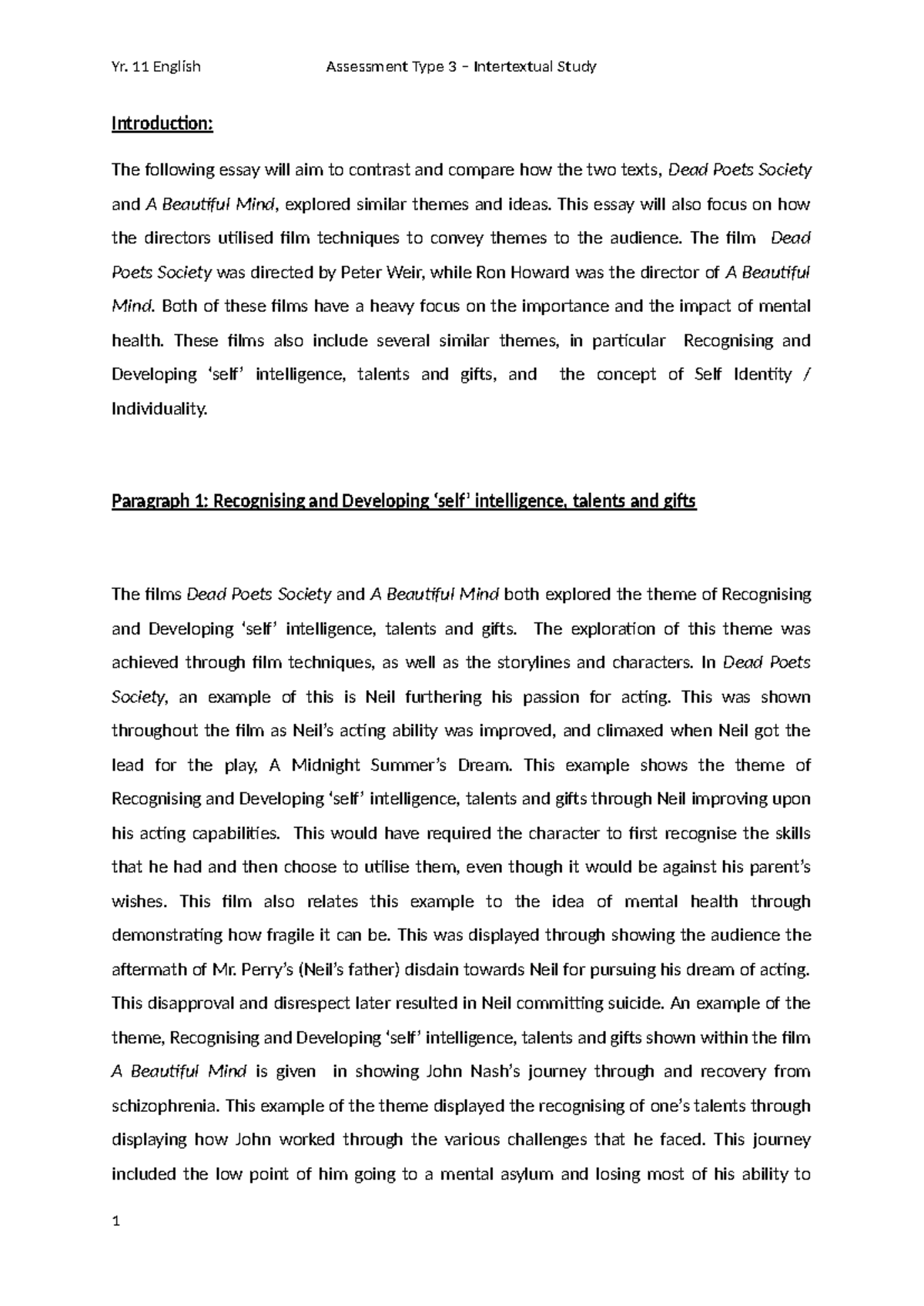 Intertextual Essay Dead Poets Society / A Beautiful Mind - Yr. 11 ...