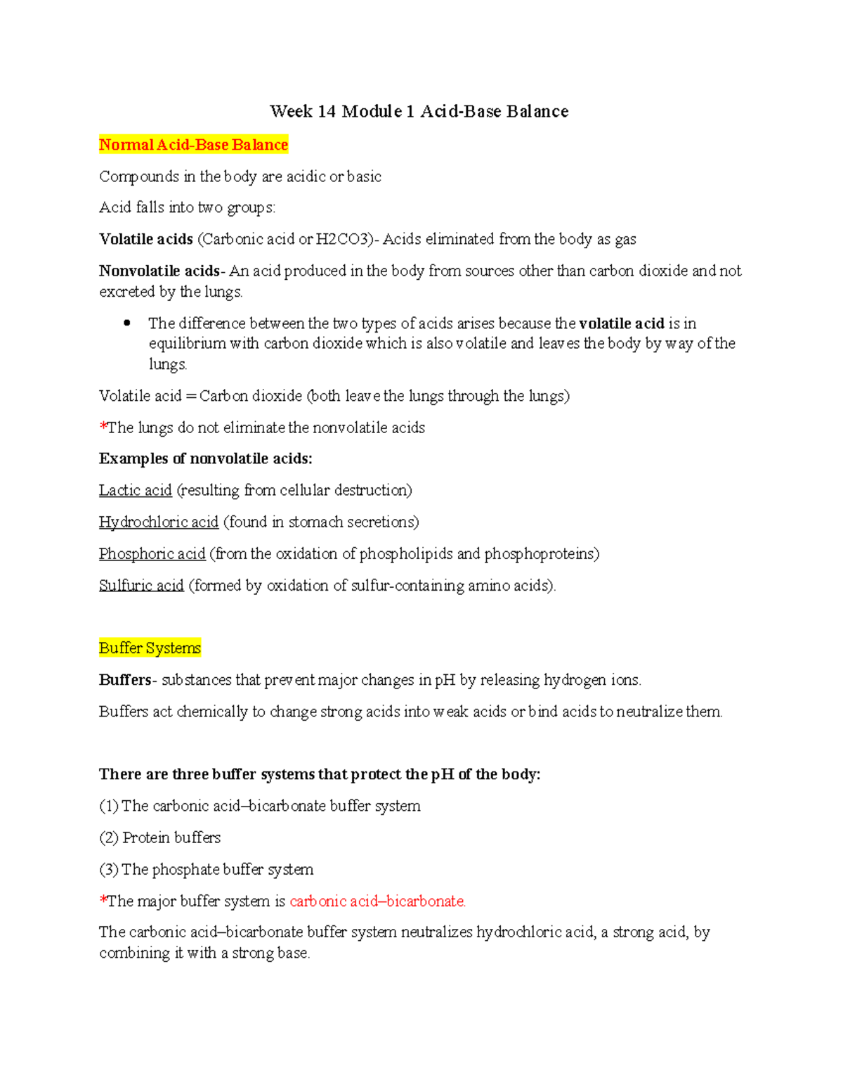 Week 14 Module 1 Acid-Base Balance Notes - Week 14 Module 1 Acid-Base ...