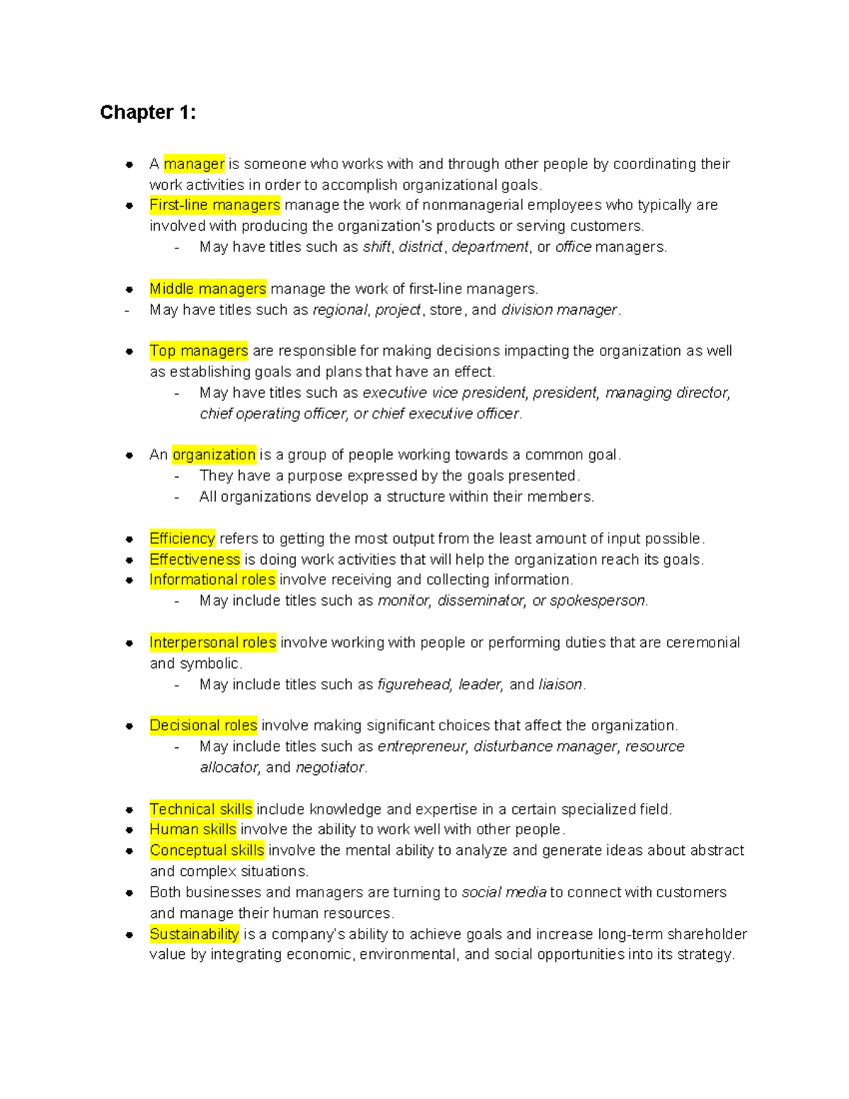 Business Management - Lecture notes 1,2,3,4,5 - Chapter 1: A manager is ...