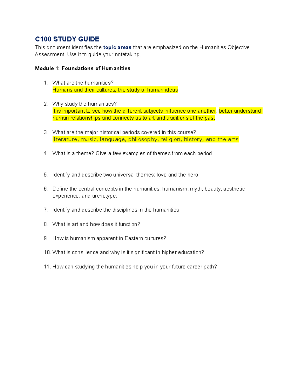 C100 Study Guide Humannities - C100 STUDY GUIDE This document ...