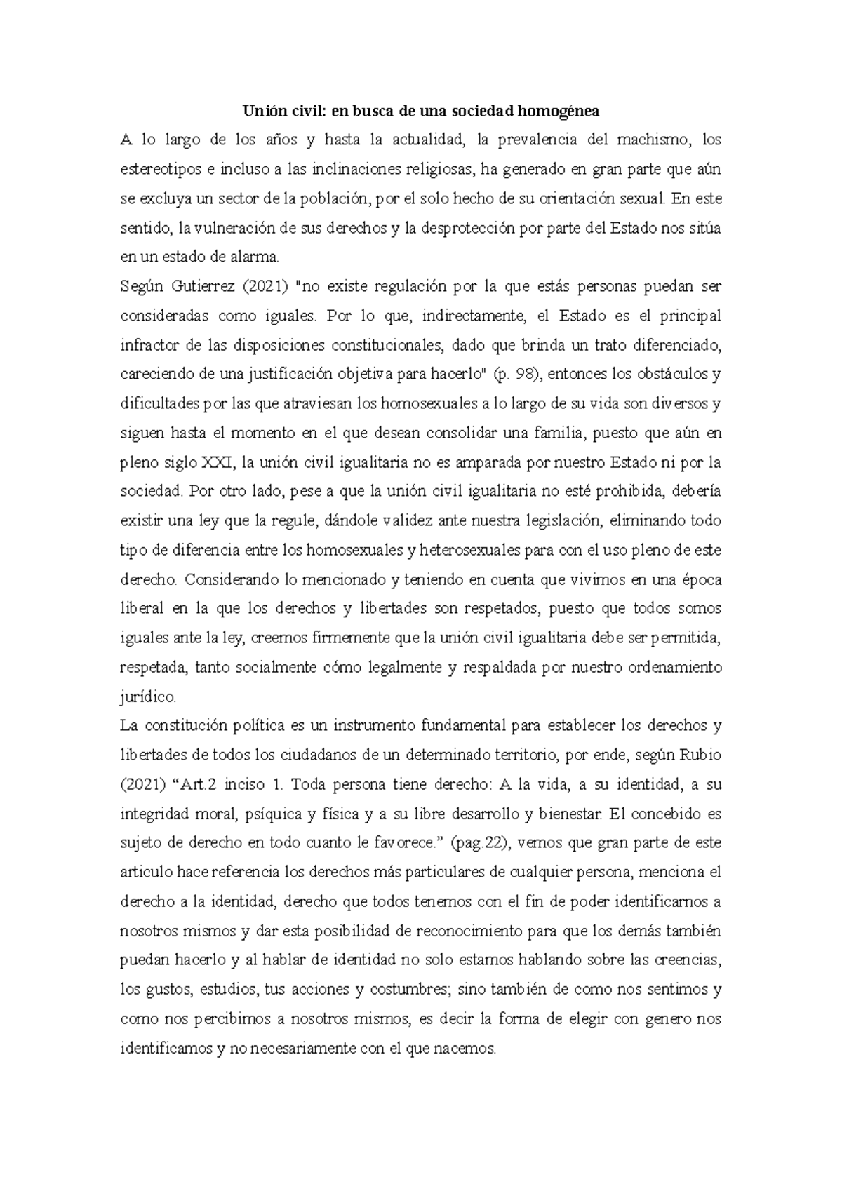 Unión civil - ensayo - Unión civil: en busca de una sociedad homogénea ...