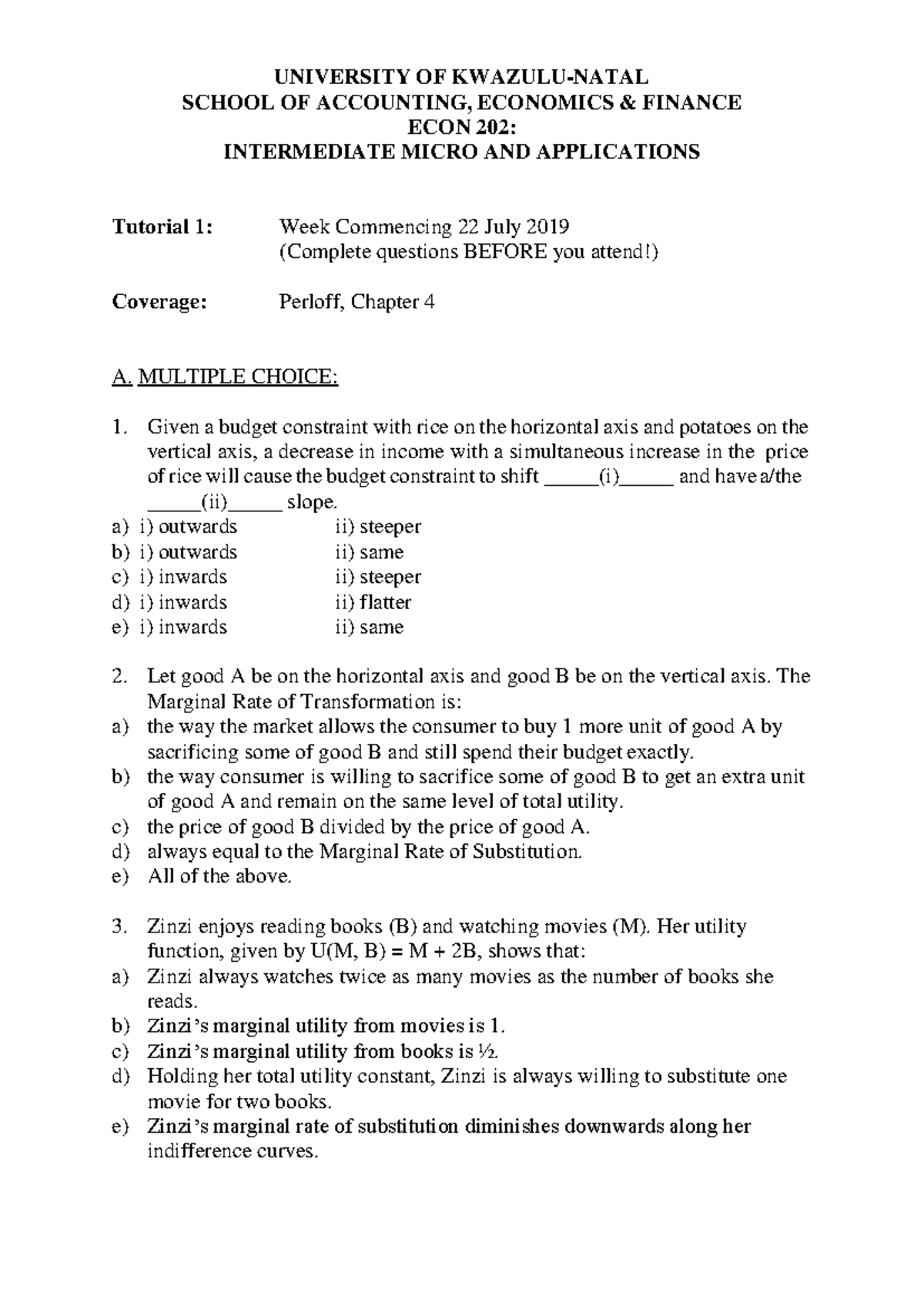 Tutorial 1 - UNIVERSITY OF KWAZULU-NATAL SCHOOL OF ACCOUNTING ...