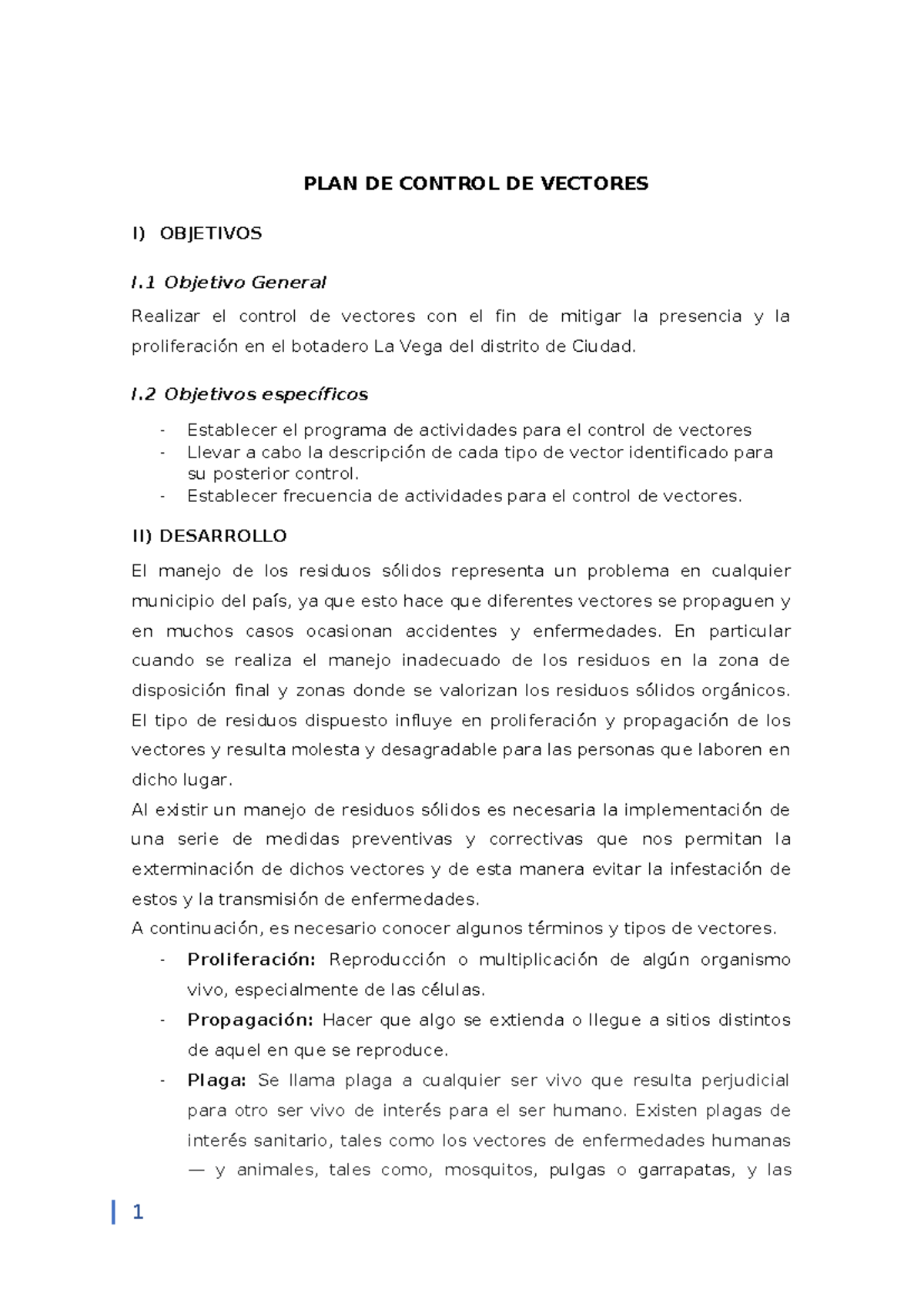 PLAN DE Control DE Vectores 1 - PLAN DE CONTROL DE VECTORES I ...