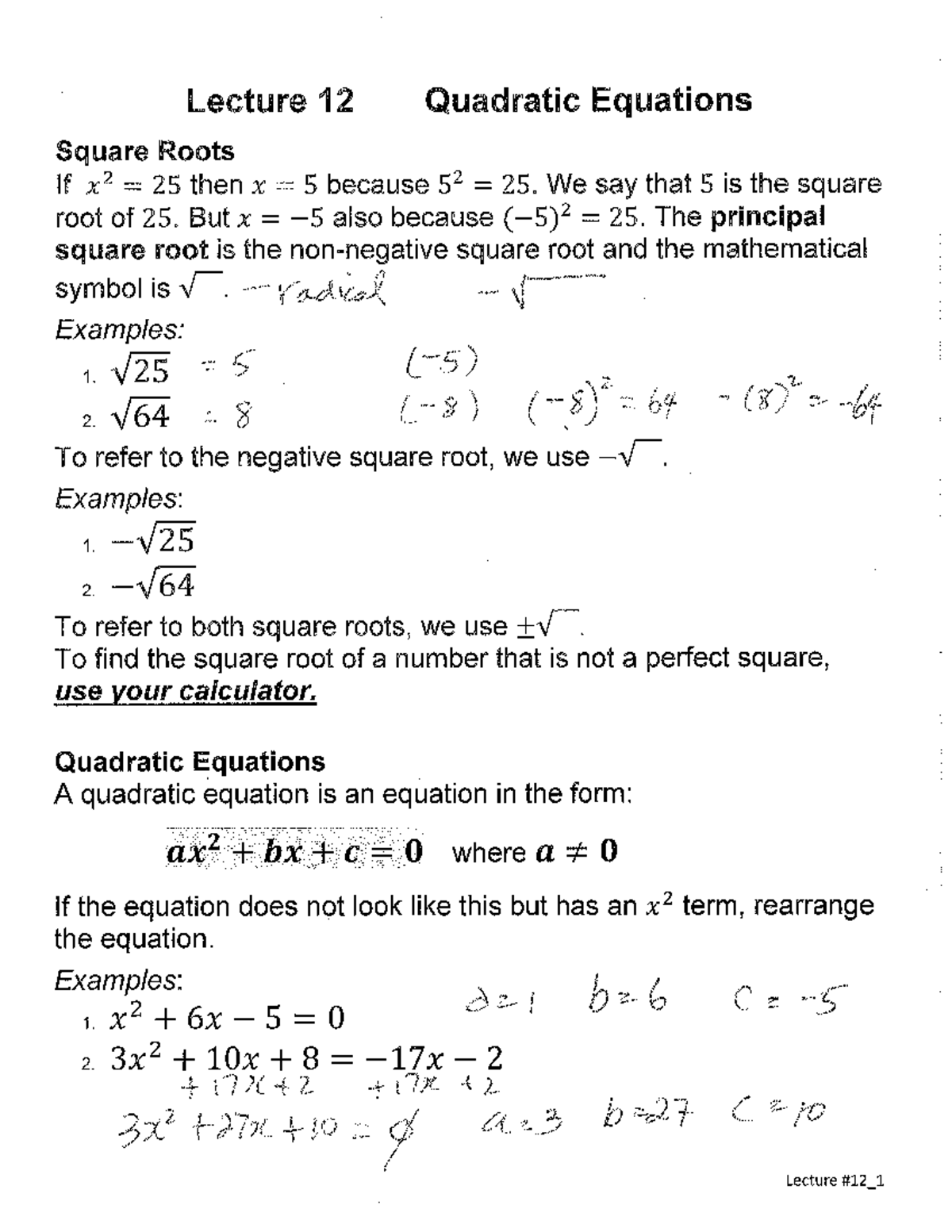 OPMT 0199 Lec 12 Quadratics Equations - Notes - OPMT 0199 - Studocu
