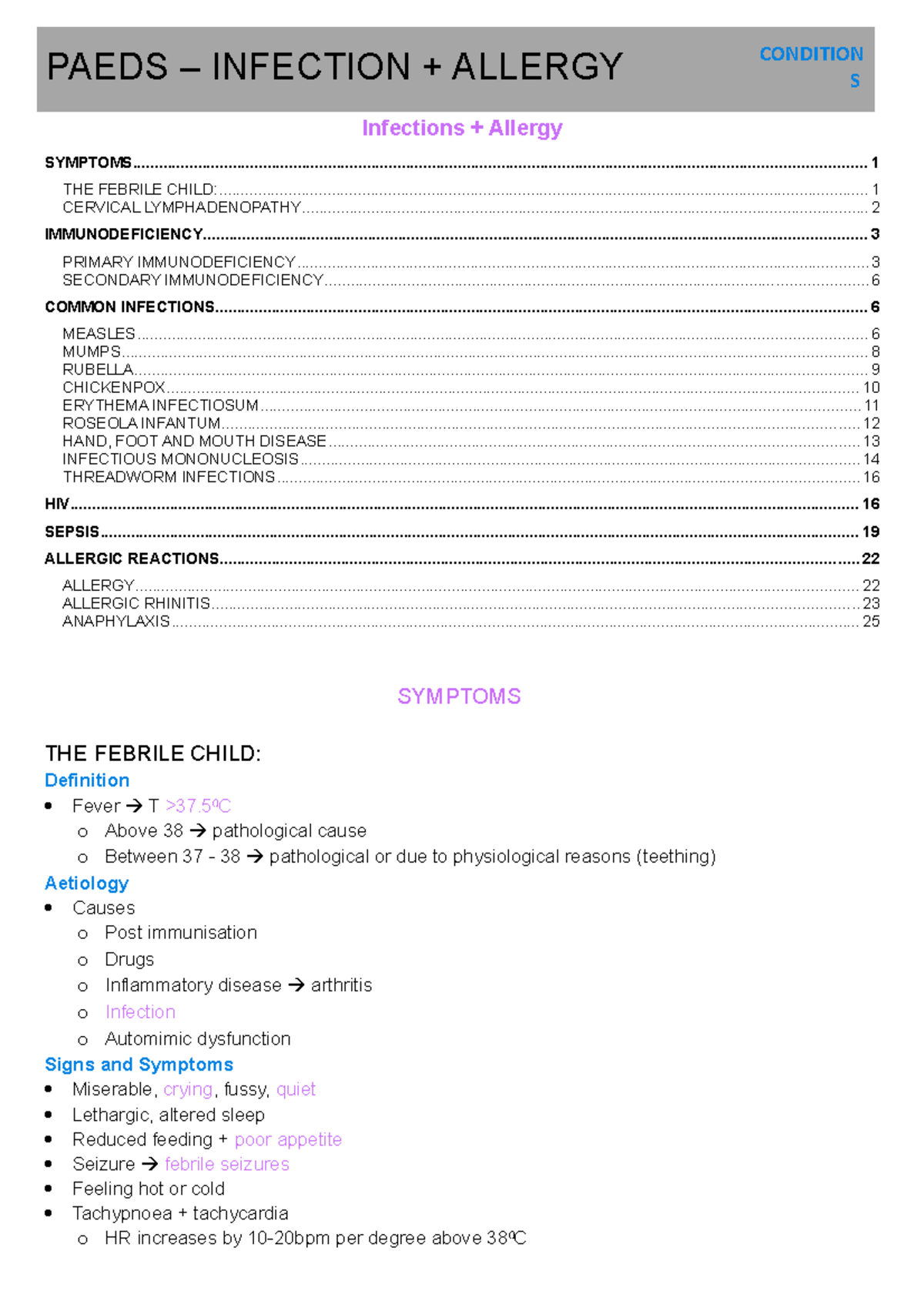 Paediatric Infection + allergy - Infections + Allergy - Studocu