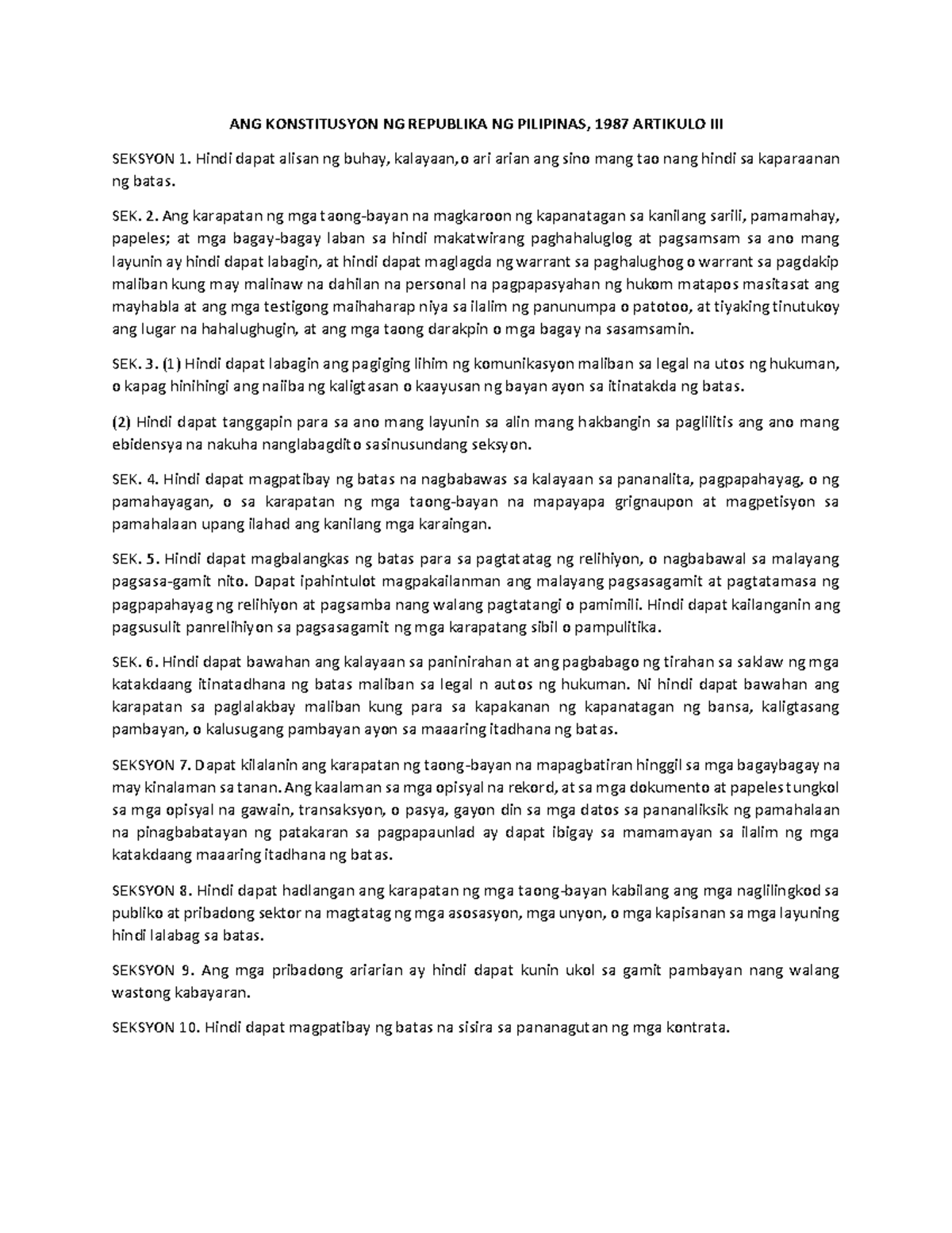 BILL OF Rights Article III - ANG KONSTITUSYON NG REPUBLIKA NG PILIPINAS, 1987 ARTIKULO III ...