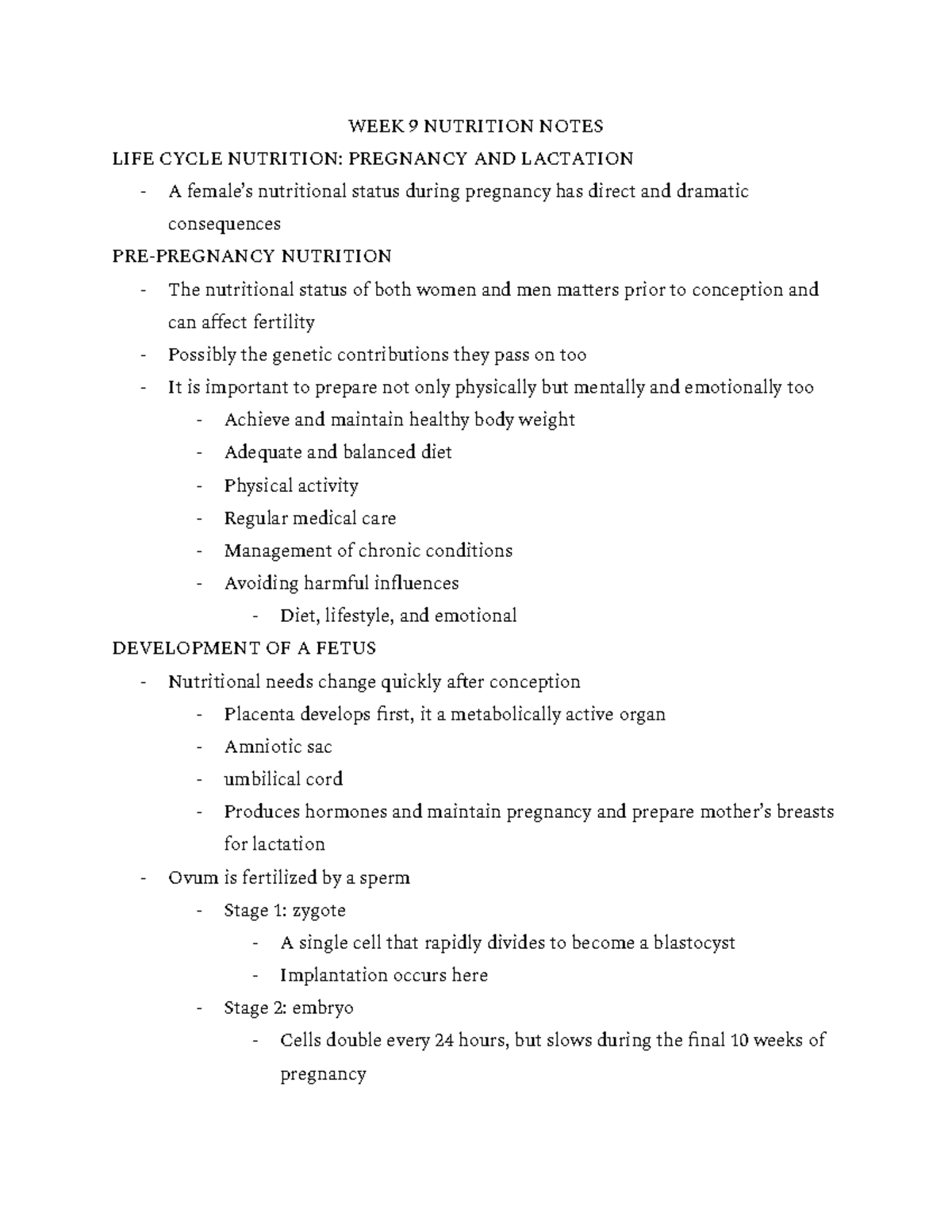 WEEK 9 Nutrition Notes - WEEK 9 NUTRITION NOTES LIFE CYCLE NUTRITION ...