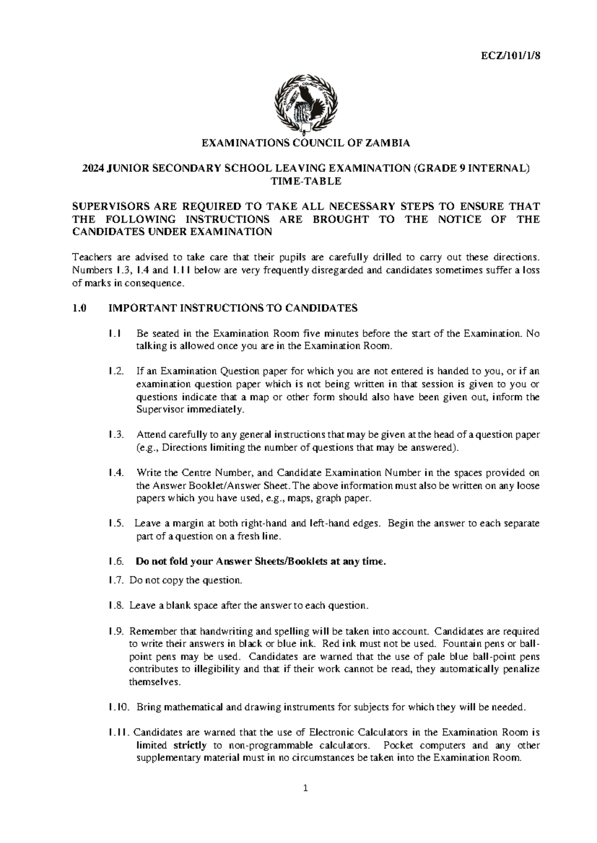 2024 Junior Secondary School Leaving Examination Time Table - ECZ/101/1 ...