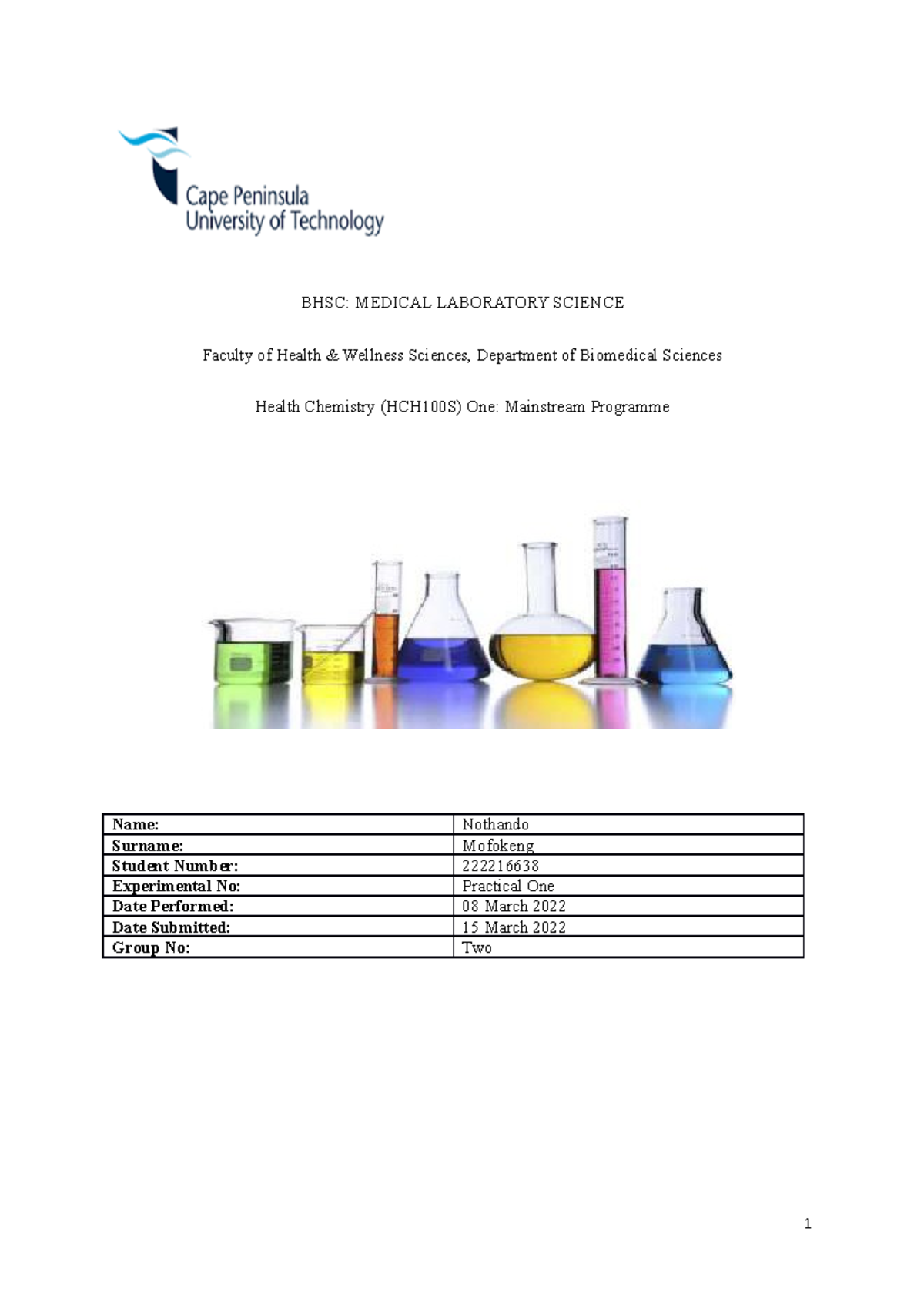 HSH100S Experiment 1 - BHSC: MEDICAL LABORATORY SCIENCE Faculty of ...