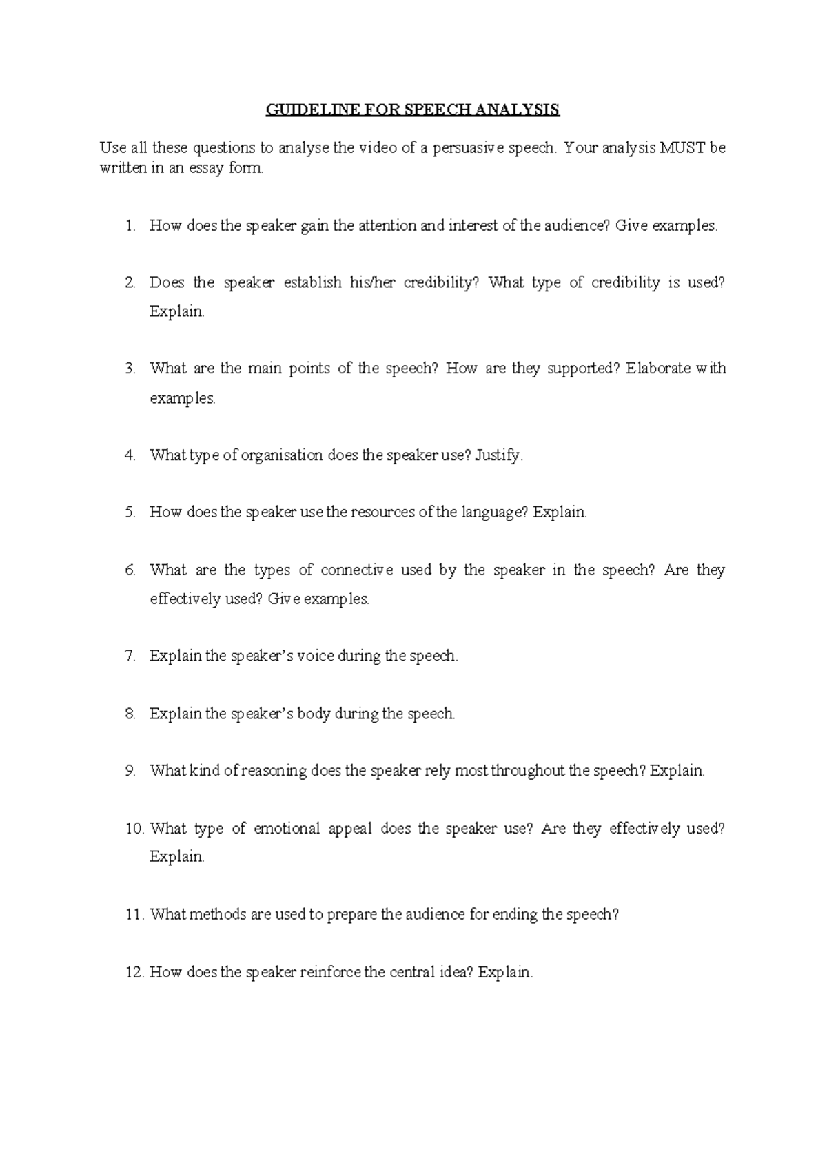 Guidelines Speech Analysis - GUIDELINE FOR SPEECH ANALYSIS Use all ...