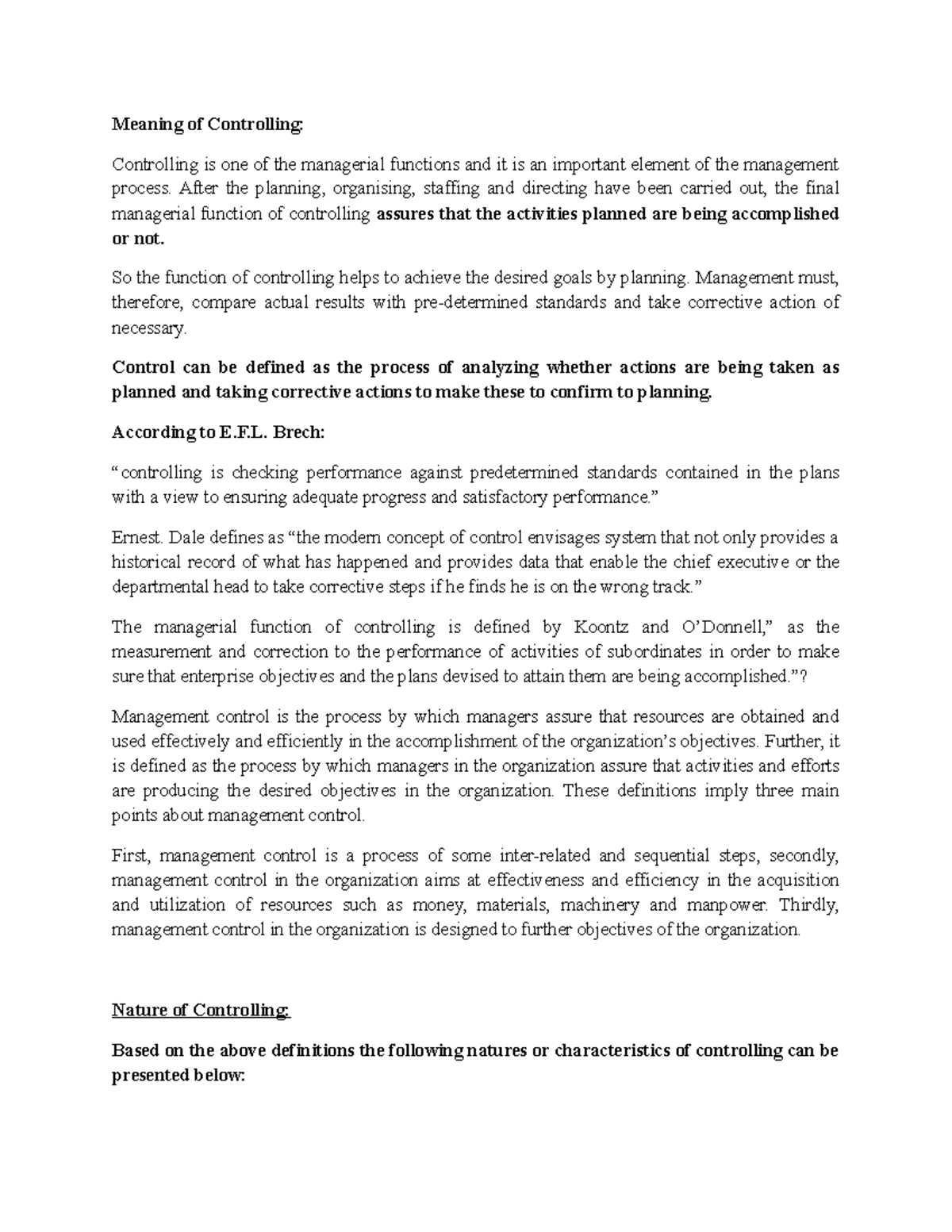 Controlling - Lecture notes 1-3 - Meaning of Controlling: Controlling ...