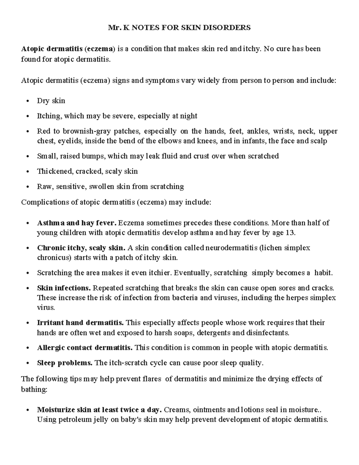 Notes FOR SKIN Disorders - Mr. K NOTES FOR SKIN DISORDERS Atopic ...