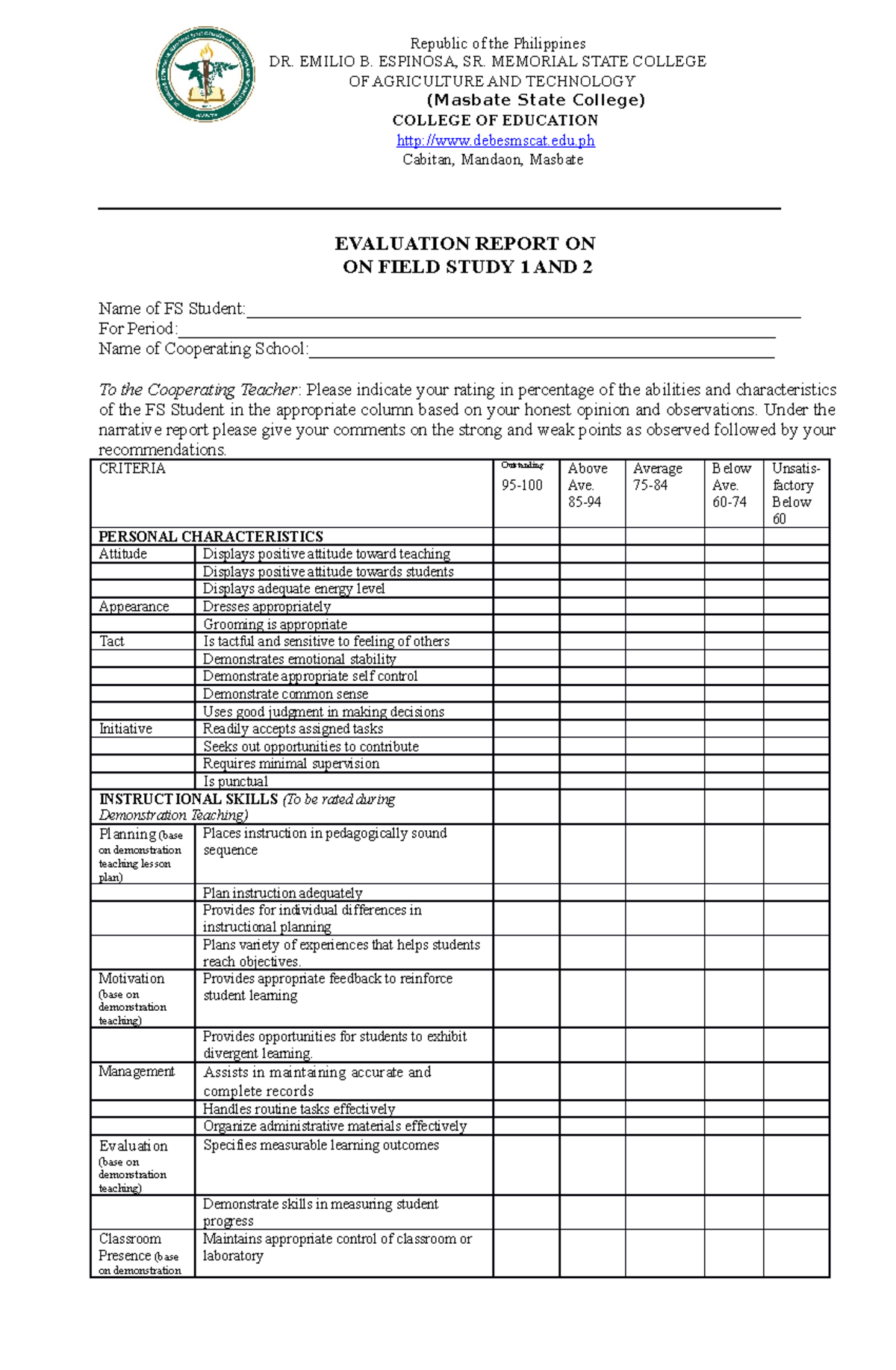 Evaluation Report FOR PT - Republic of the Philippines DR. EMILIO B ...