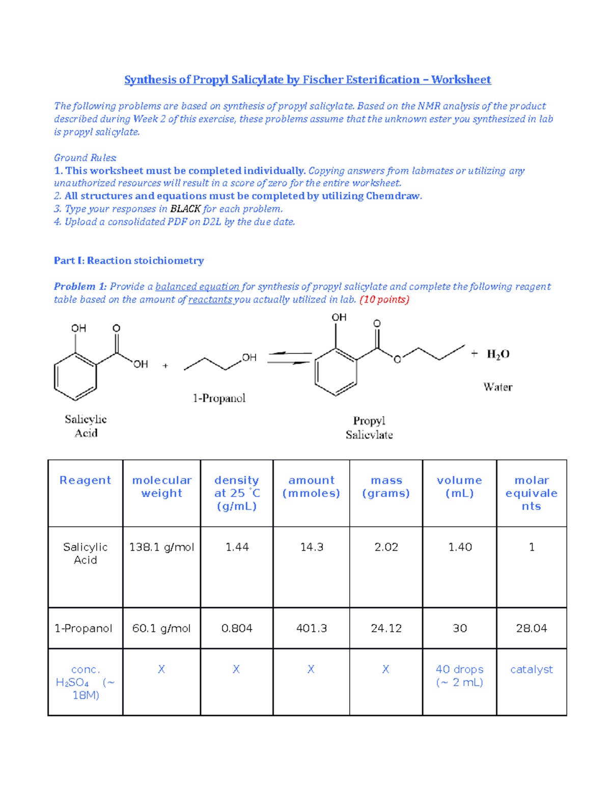 Synthesis of Propyl Salicylate – Worksheet - Synthesis of Propyl ...