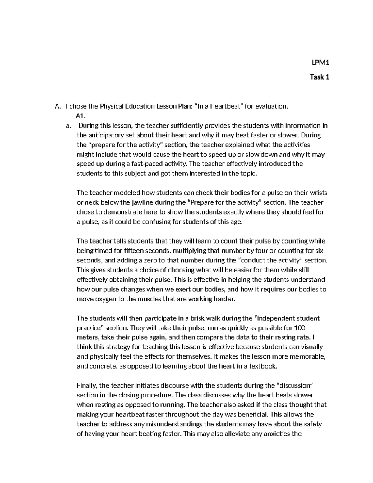 LPM1 Task 1 - passed - LPM Task 1 A. I chose the Physical Education Lesson Plan: “In a Heartbeat ...