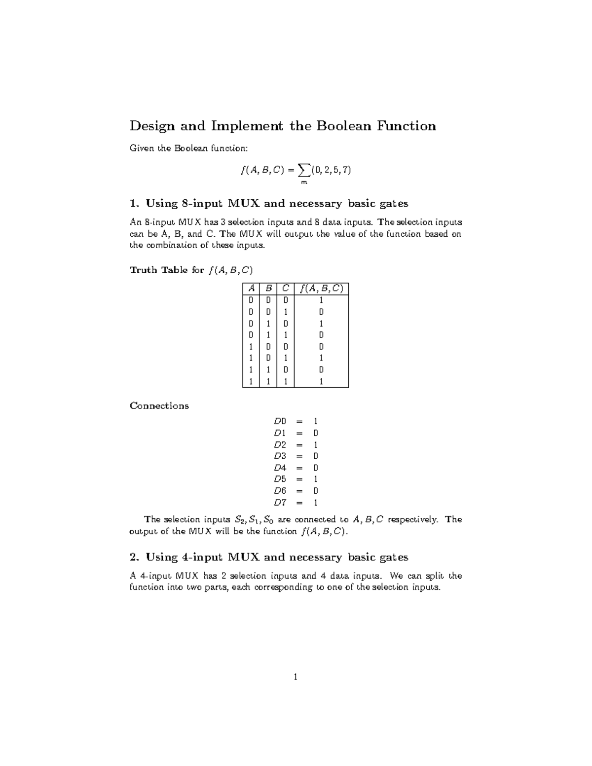 Multiplexer Design And Implement The Boolean Function Given The Boolean Function F A B C