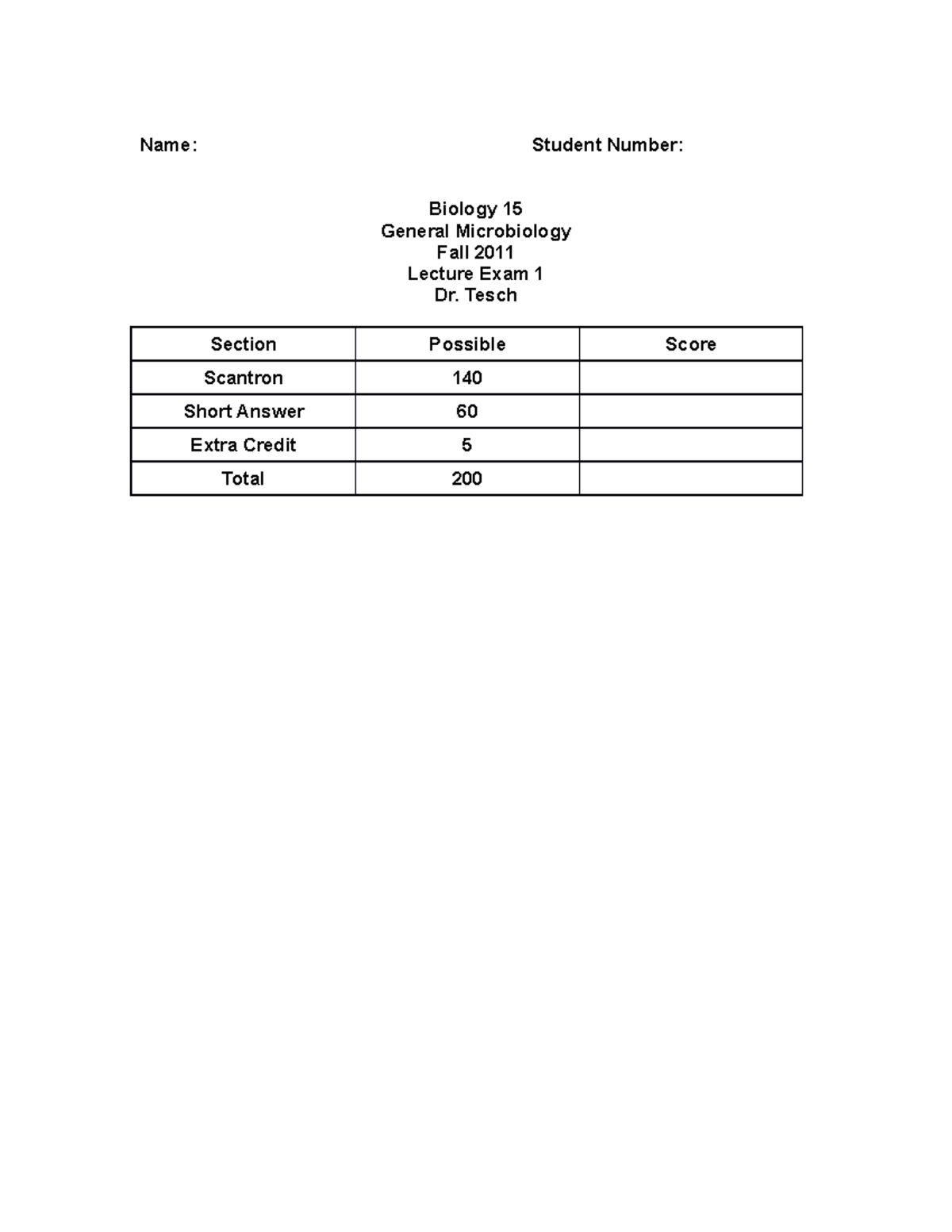 Lecture Exam #1 Biology 15 2011 Fall - Name: Student Number: Biology 15 ...