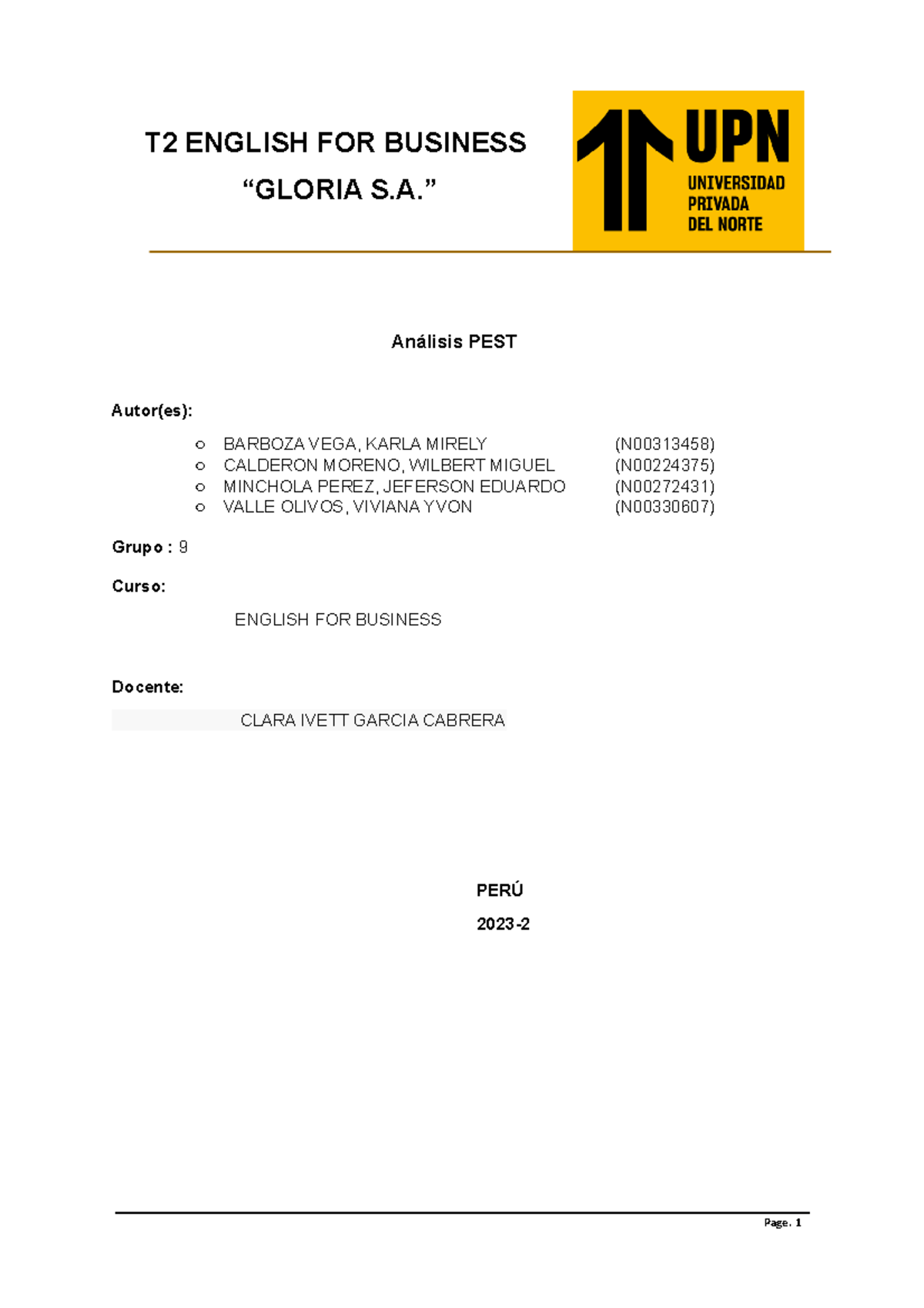 T2 English for business Group 9 - T2 ENGLISH FOR BUSINESS “GLORIA S ...