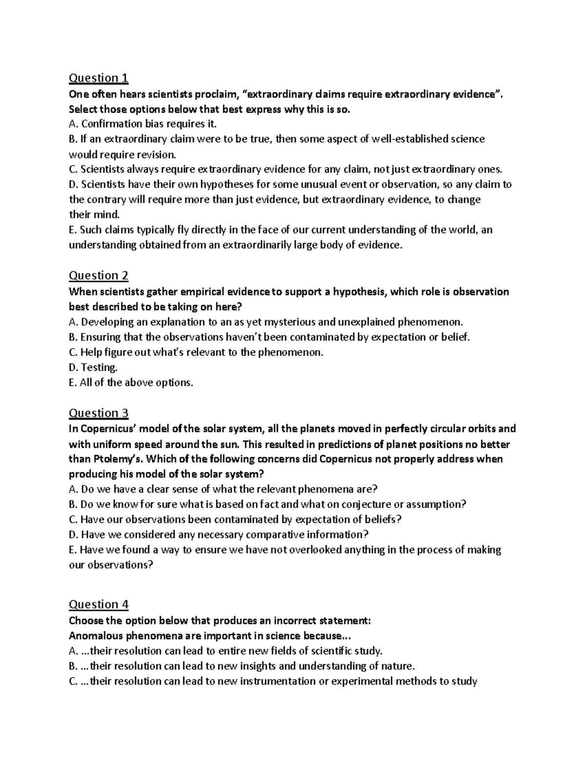 HSI Sample Quiz S1 - NO ANSWER - Question 1 One often hears scientists ...