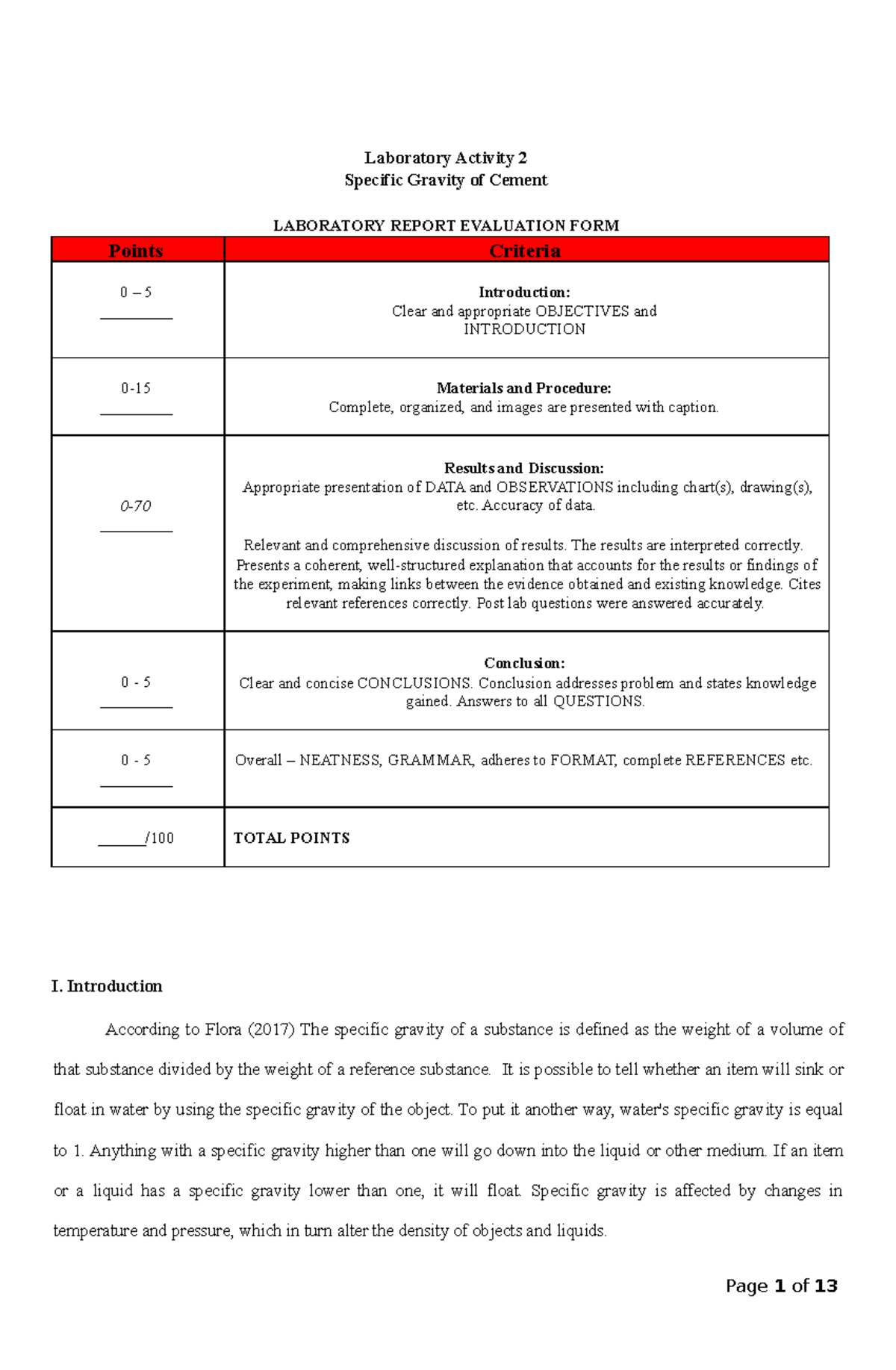 Specific Gravity of Cement Worksheet - Laboratory Activity 2 Specific ...